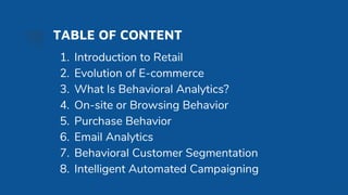 CUSTOMER BEHAVIOUR ANALYTICS, Analytical evolution of Modern Ecommerce Retail - RetailReco | PPT