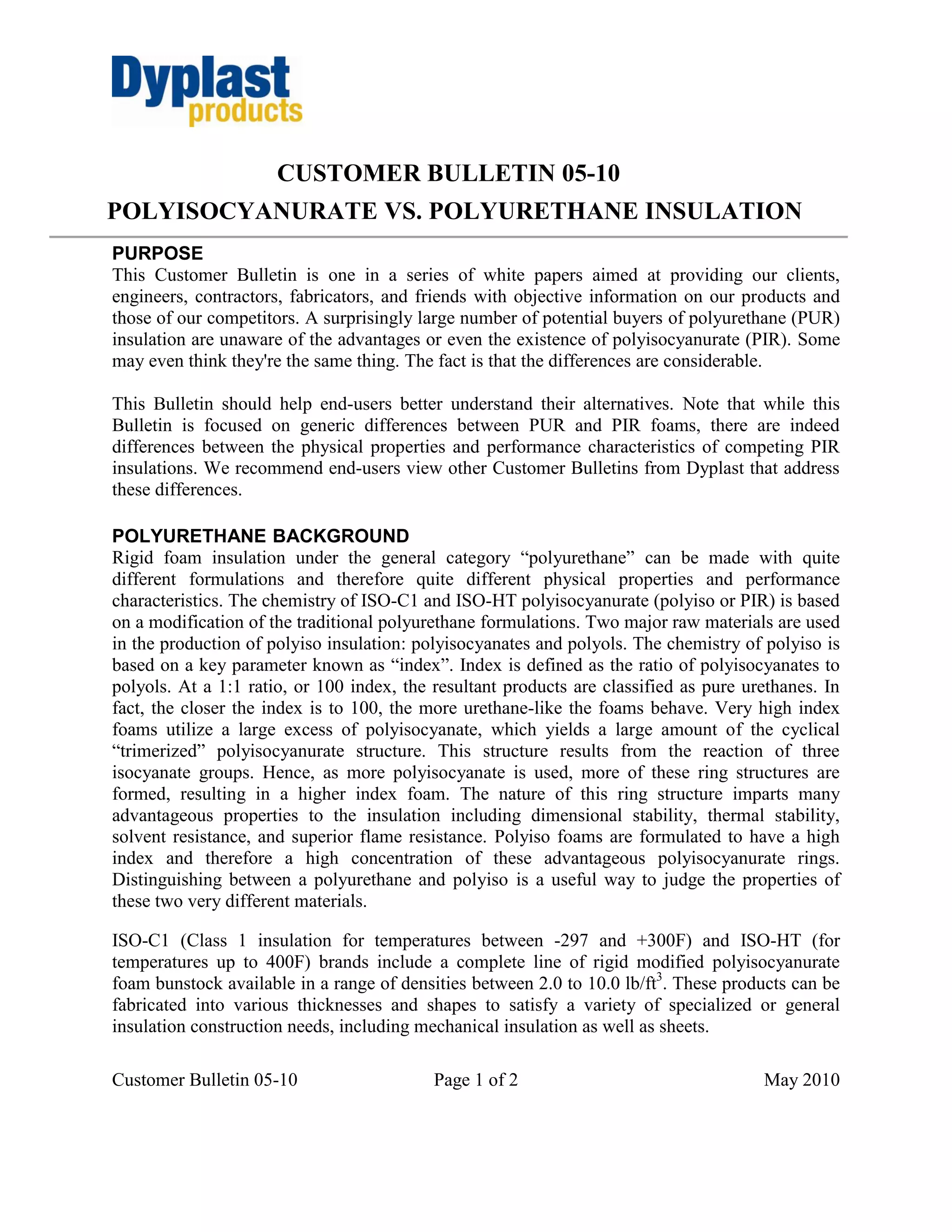 Customer Bulletin 0510 Polyisocyanurate vs Polyurethane Insulation | PDF