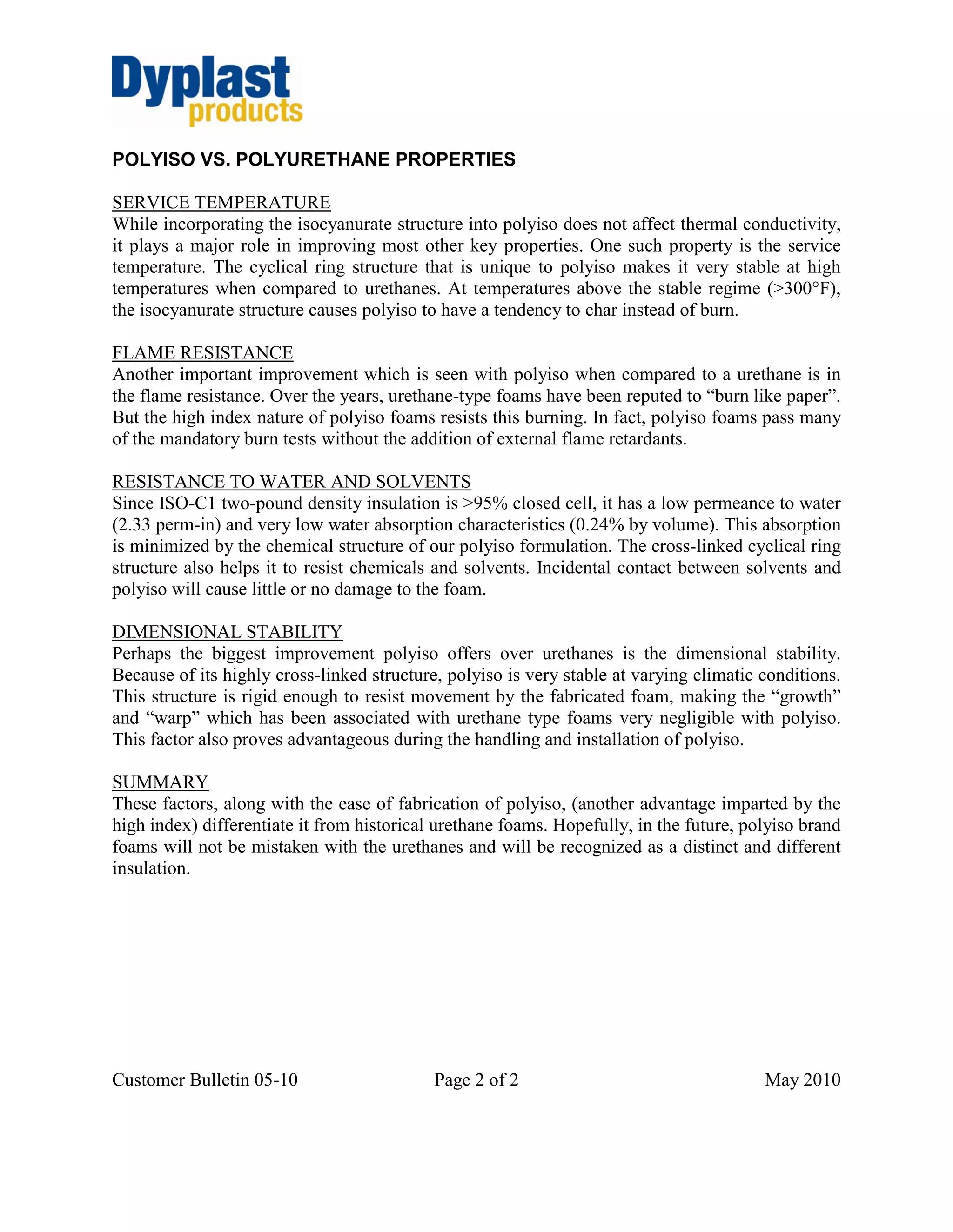 Customer Bulletin 0510 Polyisocyanurate vs Polyurethane Insulation | PDF