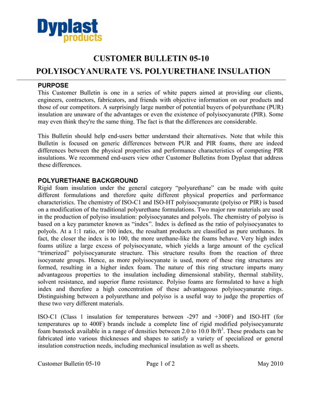Customer Bulletin 0510 Polyisocyanurate vs Polyurethane Insulation | PDF