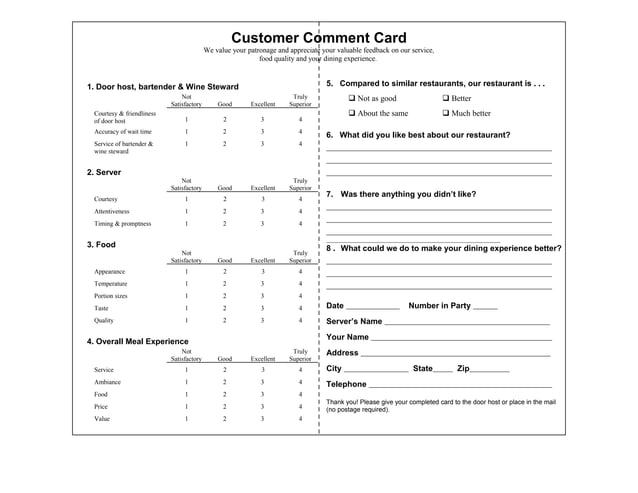Customer comment cards | DOC | Bars & Restaurants | Attractions