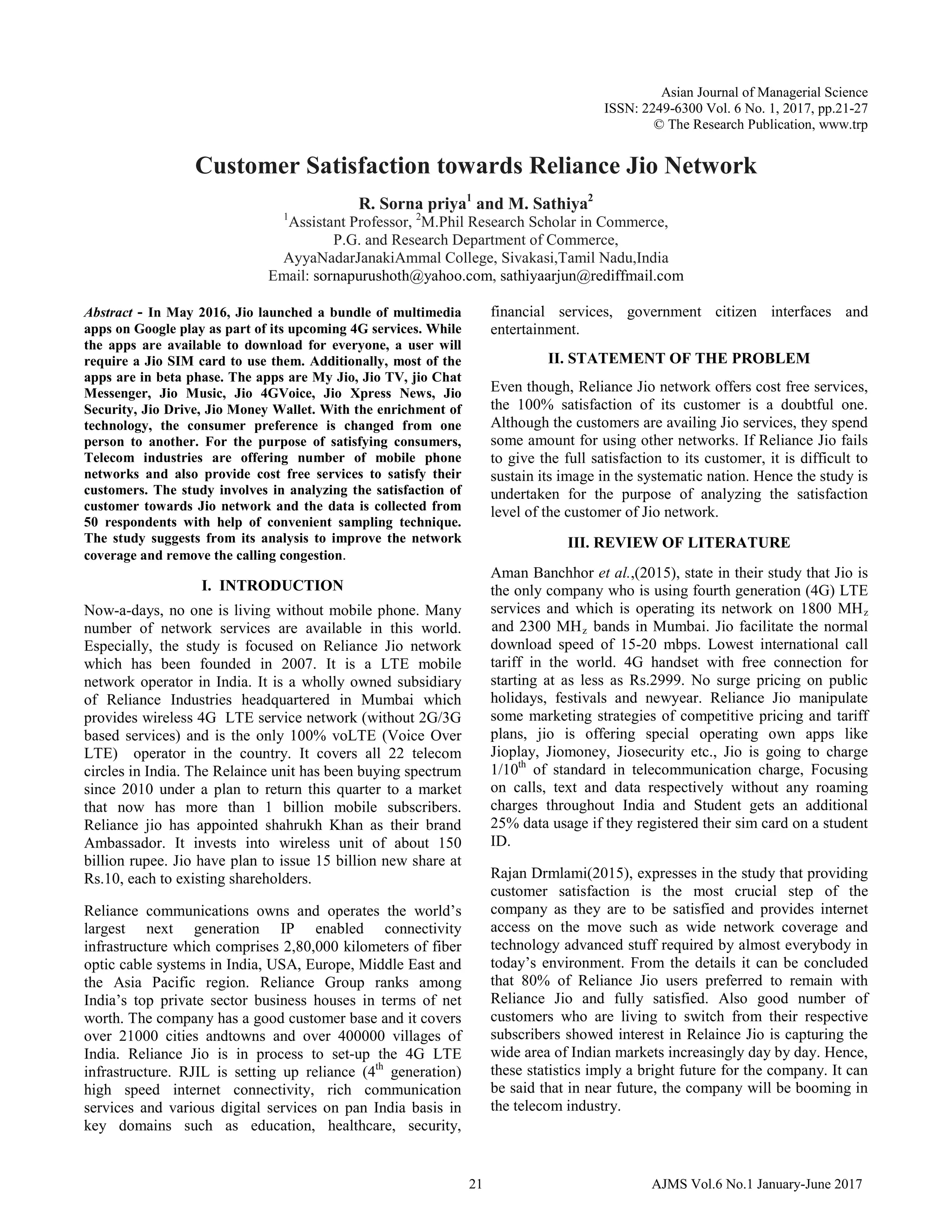 Customer satisfaction towards reliance jio network | PDF