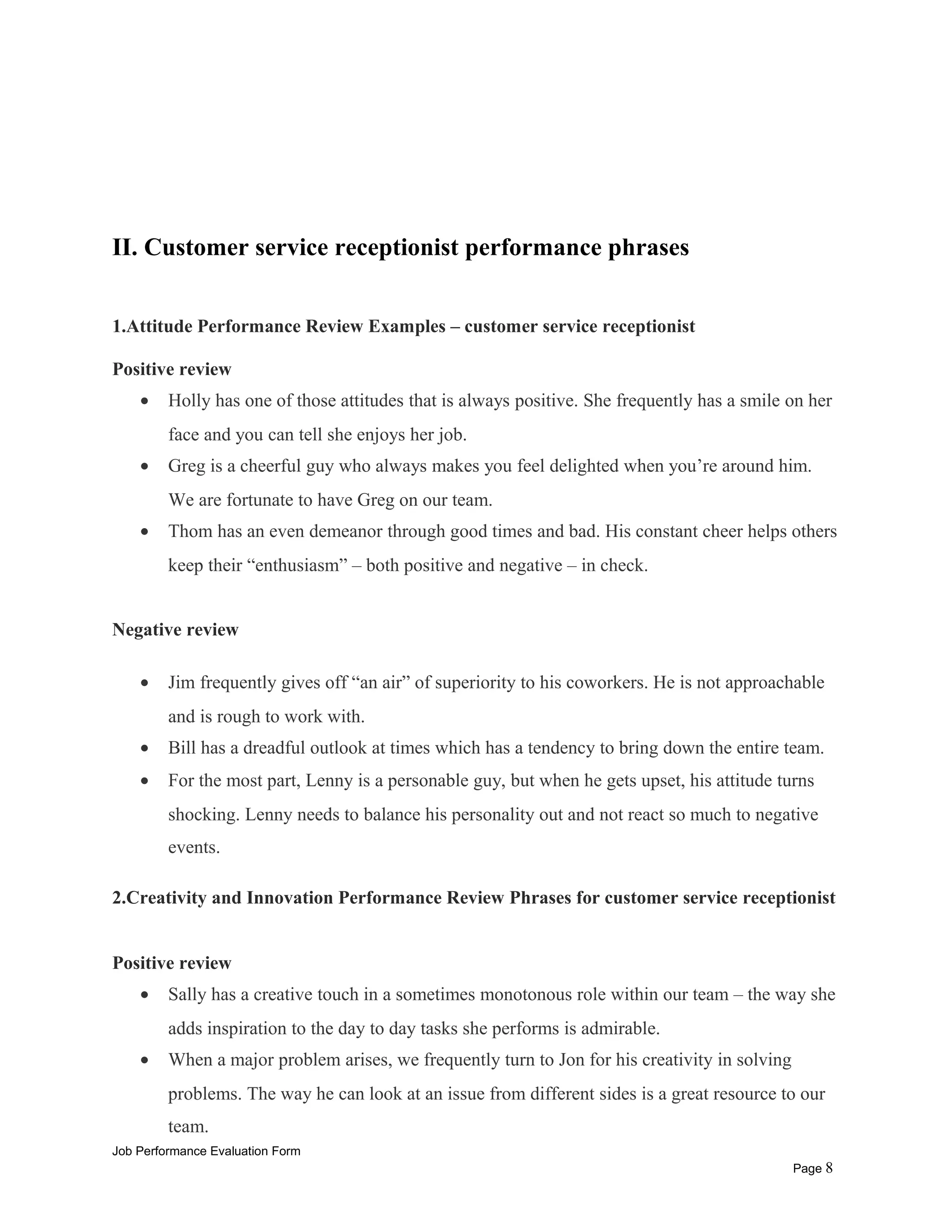 Customer service receptionist performance appraisal | DOC | Resume ...