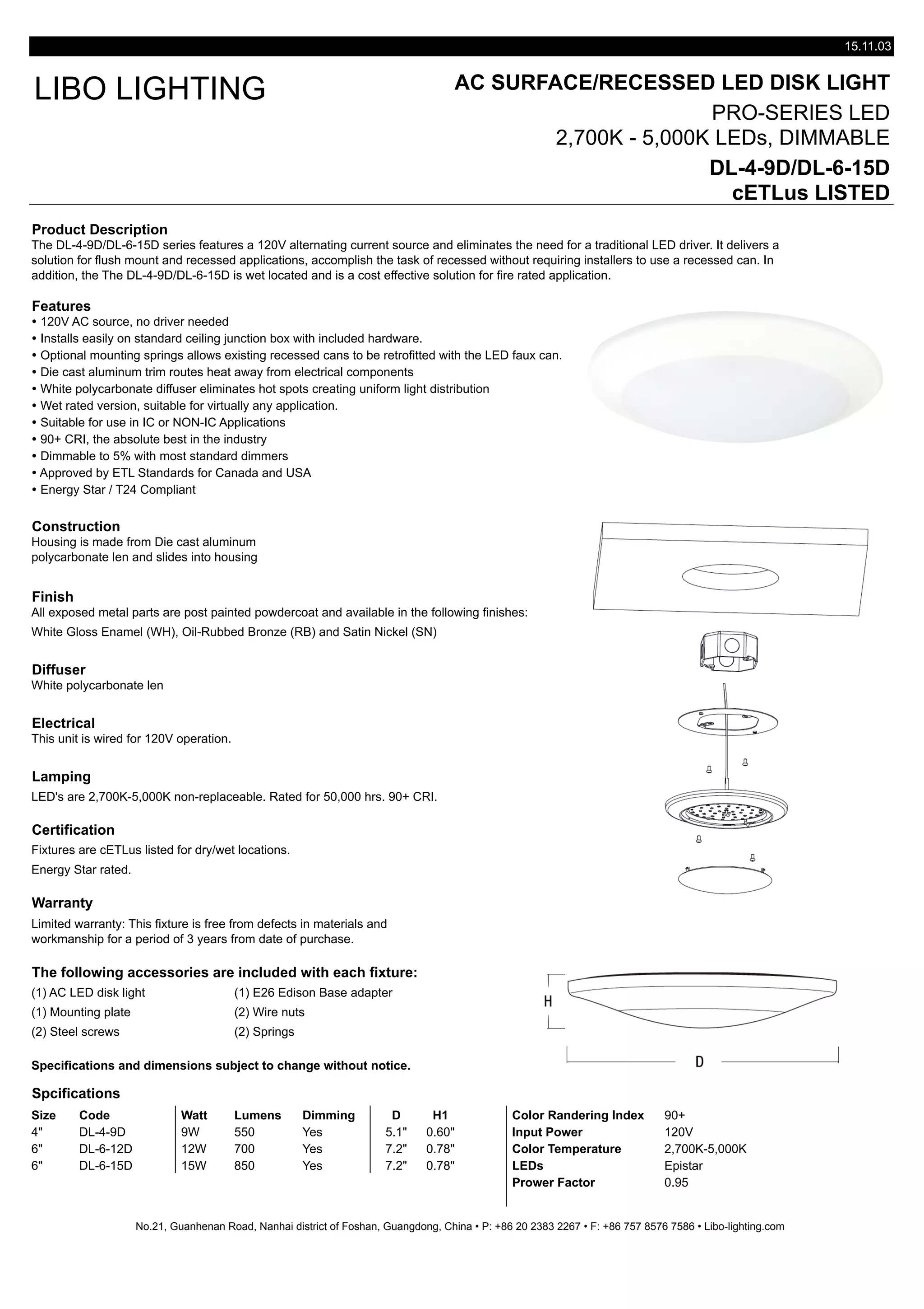 AC LED Disk Light, AC Surface Recessed Disk Light | PDF