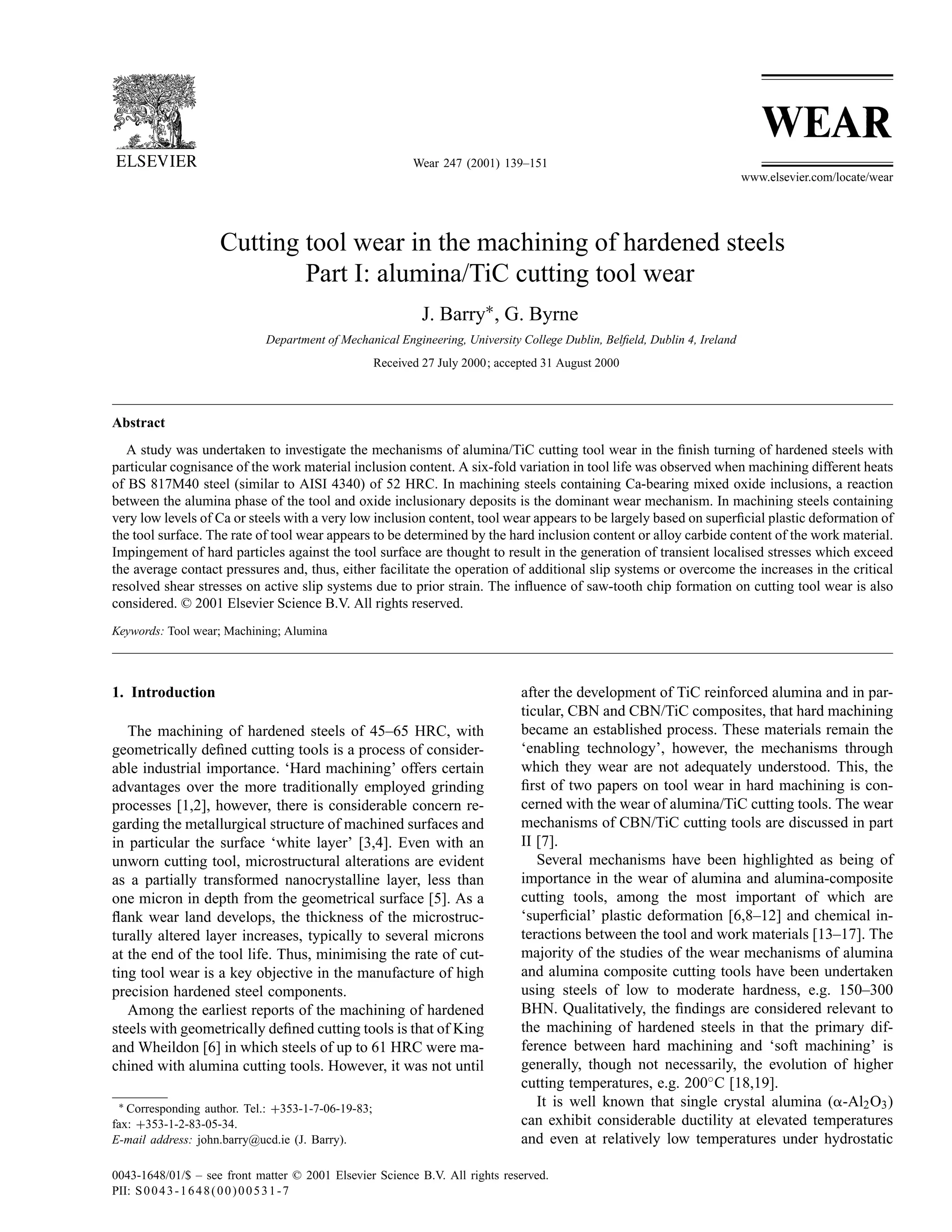 Cutting tool wear in the machining of hardened steels. part i alumina ...