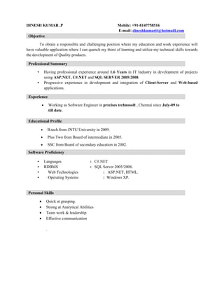 Dinesh Kumar IT Resume - 1.6 Yrs Experience C# ASP.NET SQL | PDF