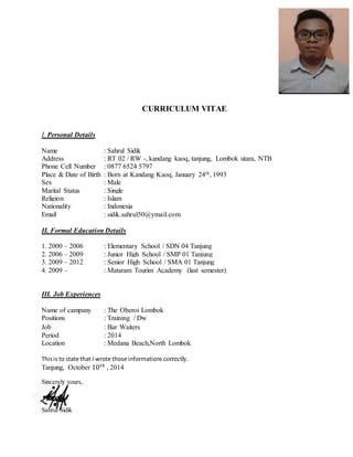 Contoh CV LOWONGAN KERJA | DOCX