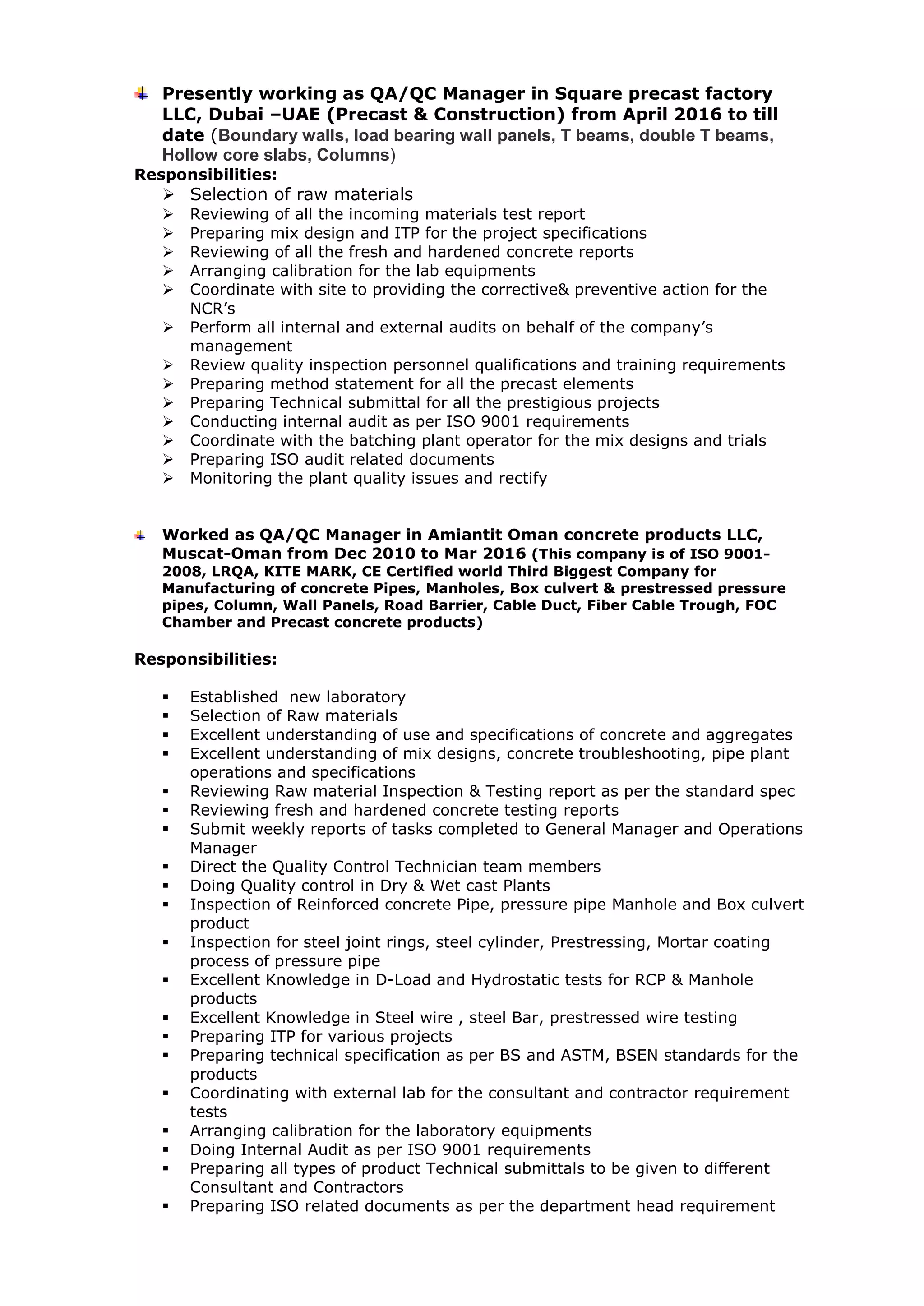 Precast Concrete QA/QC CV | PDF