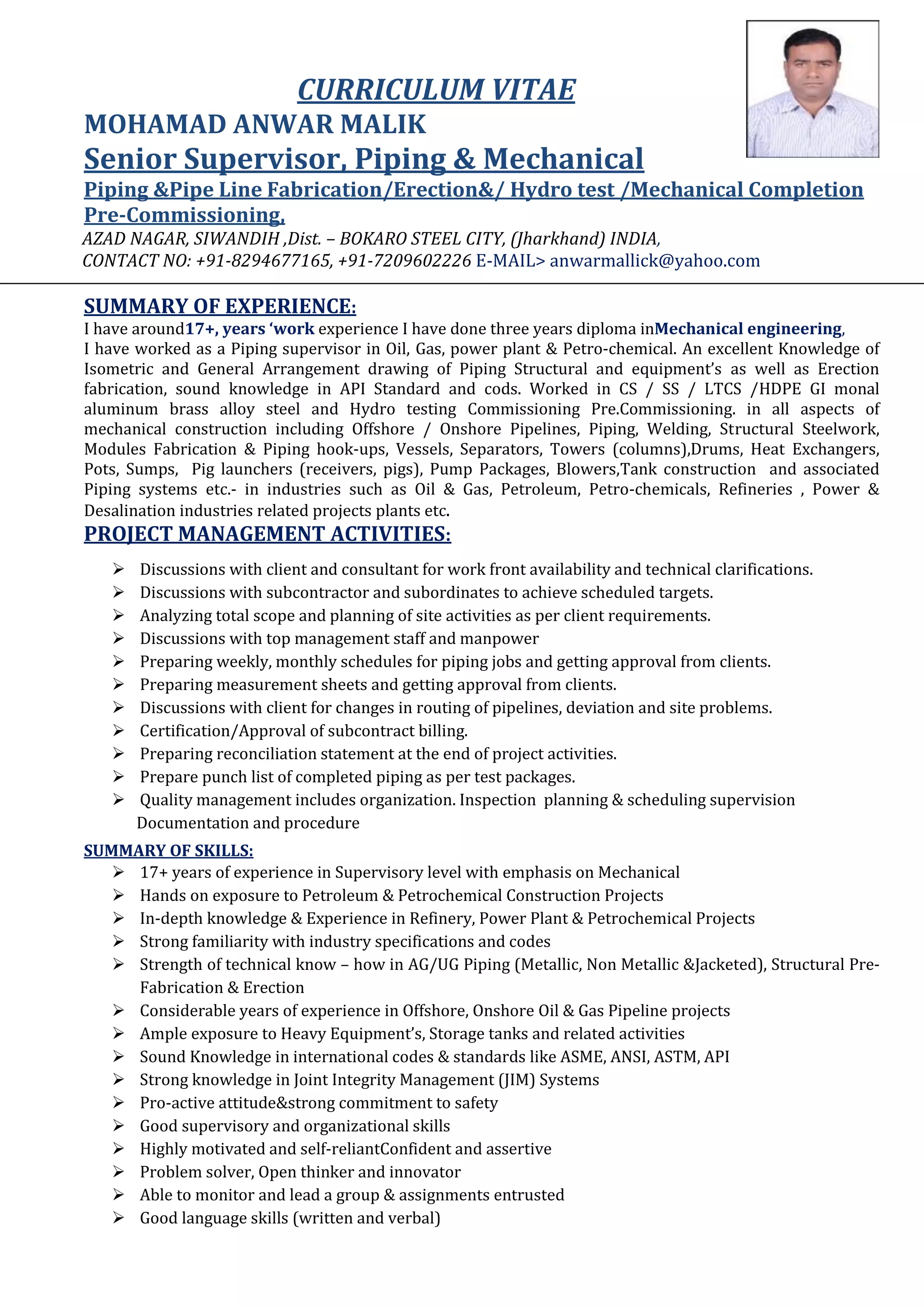 Piping supervisor Cv.mohamad anwar malik | PDF