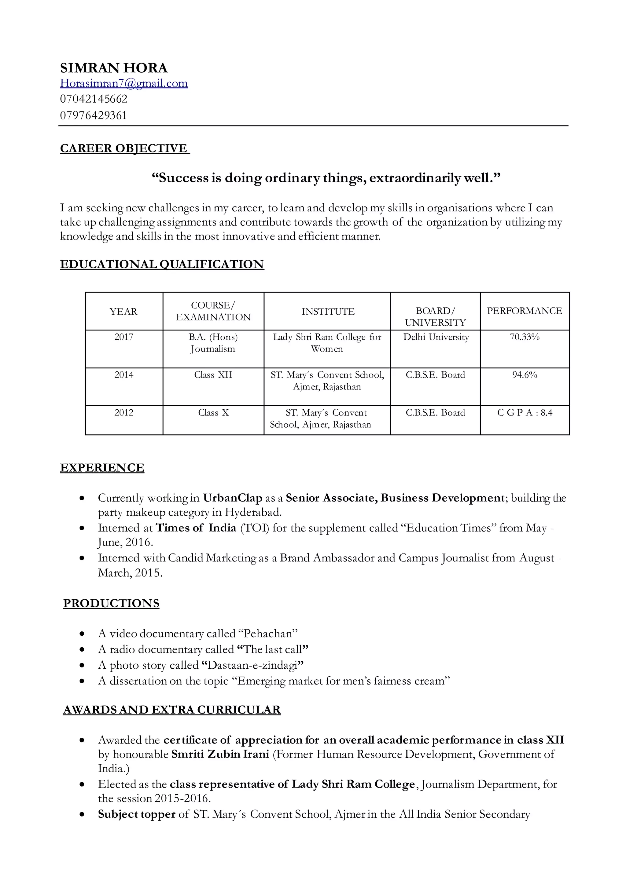 Simran Hora CV | PDF