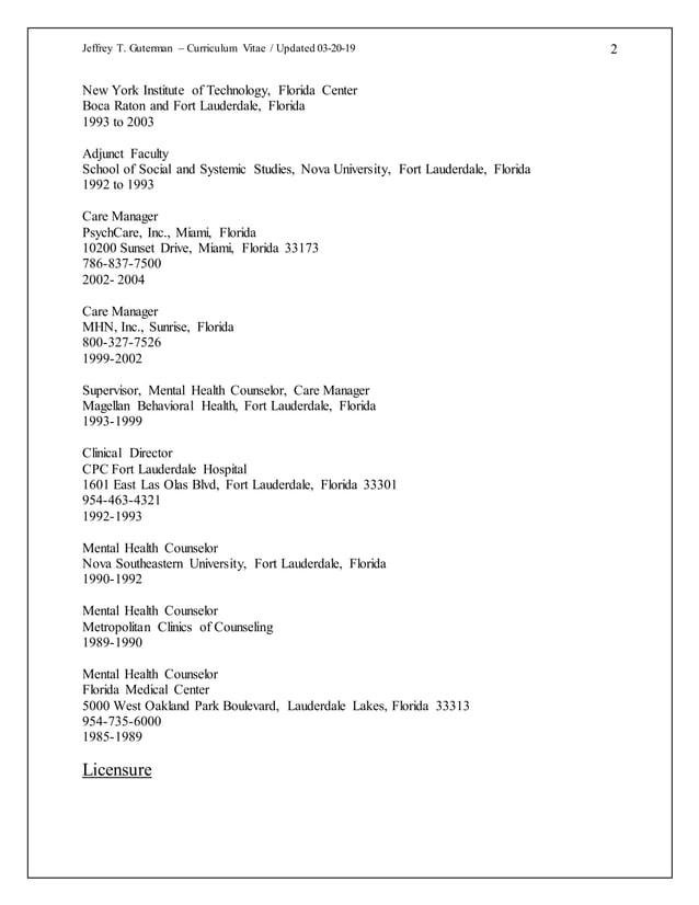 Jeffrey Guterman: Curriculum Vitae | DOCX | Mental Health | Diseases ...