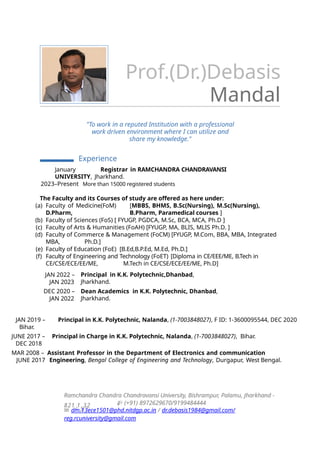 Resume Prof. (Dr.) Debasis Mandal, Registrar, Ramchandra Chandravansi University | PDF