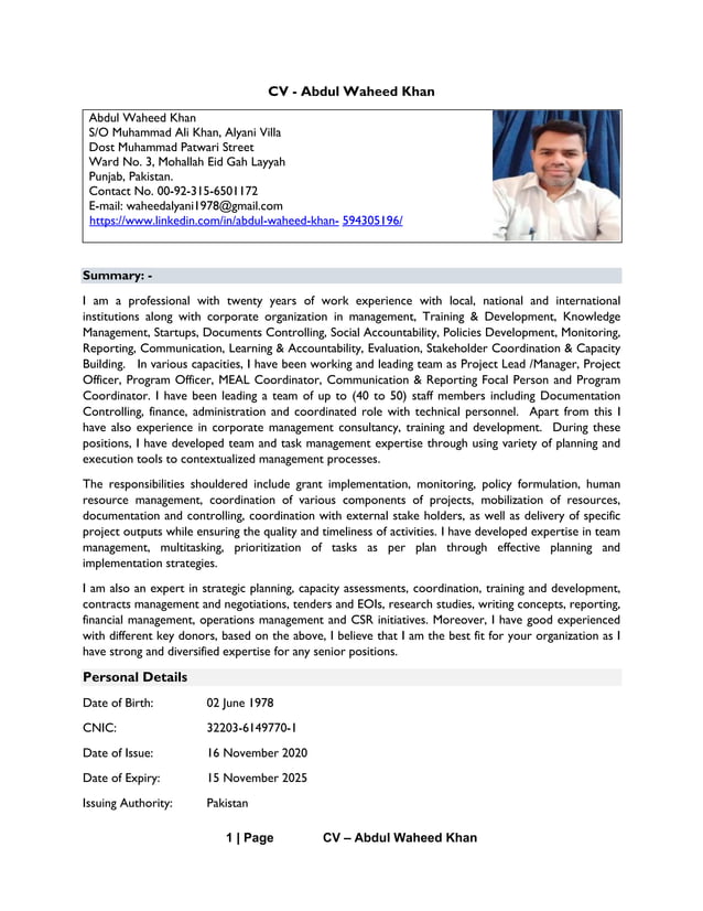 CV Abdul Waheed Khan Alyani, Punjab, Pakistan | PDF