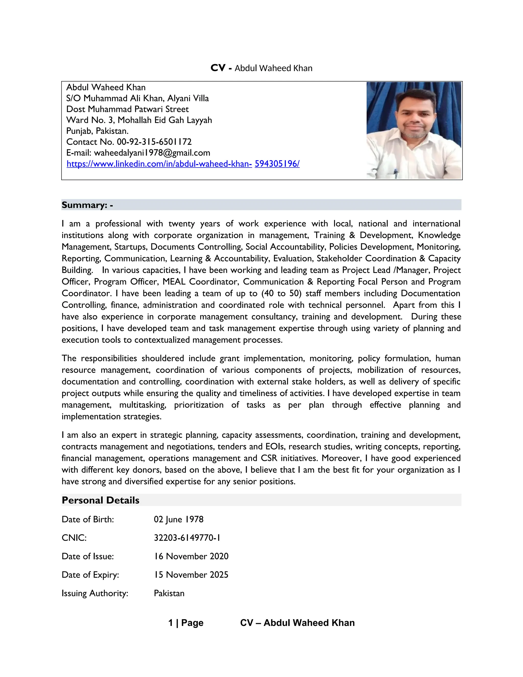 Abdul Waheed Khan Alyani Layyah, Punjab, Pakistan | DOC