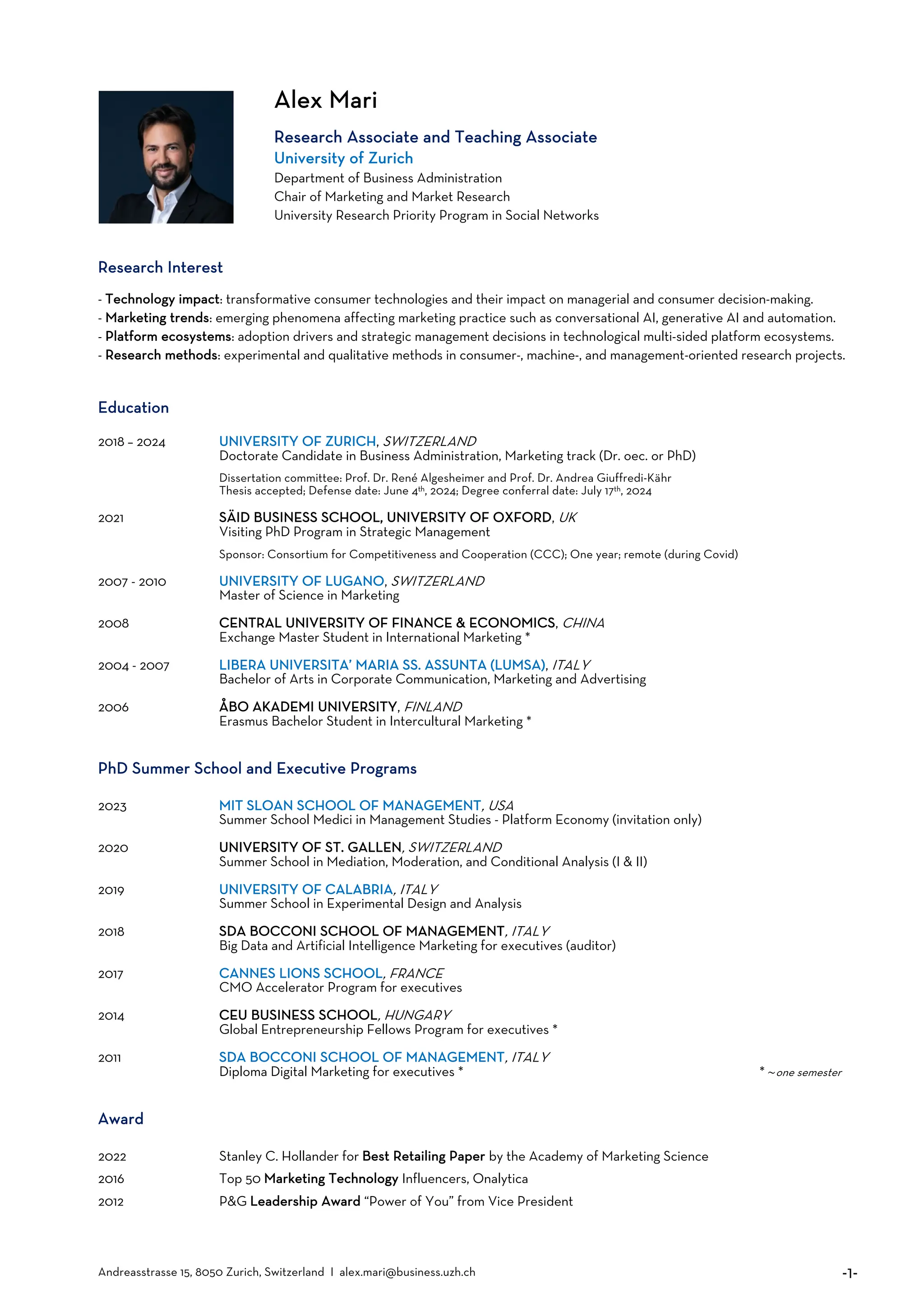 CV - Alex Mari - University of Zurich (UZH) - March 2024 | PDF