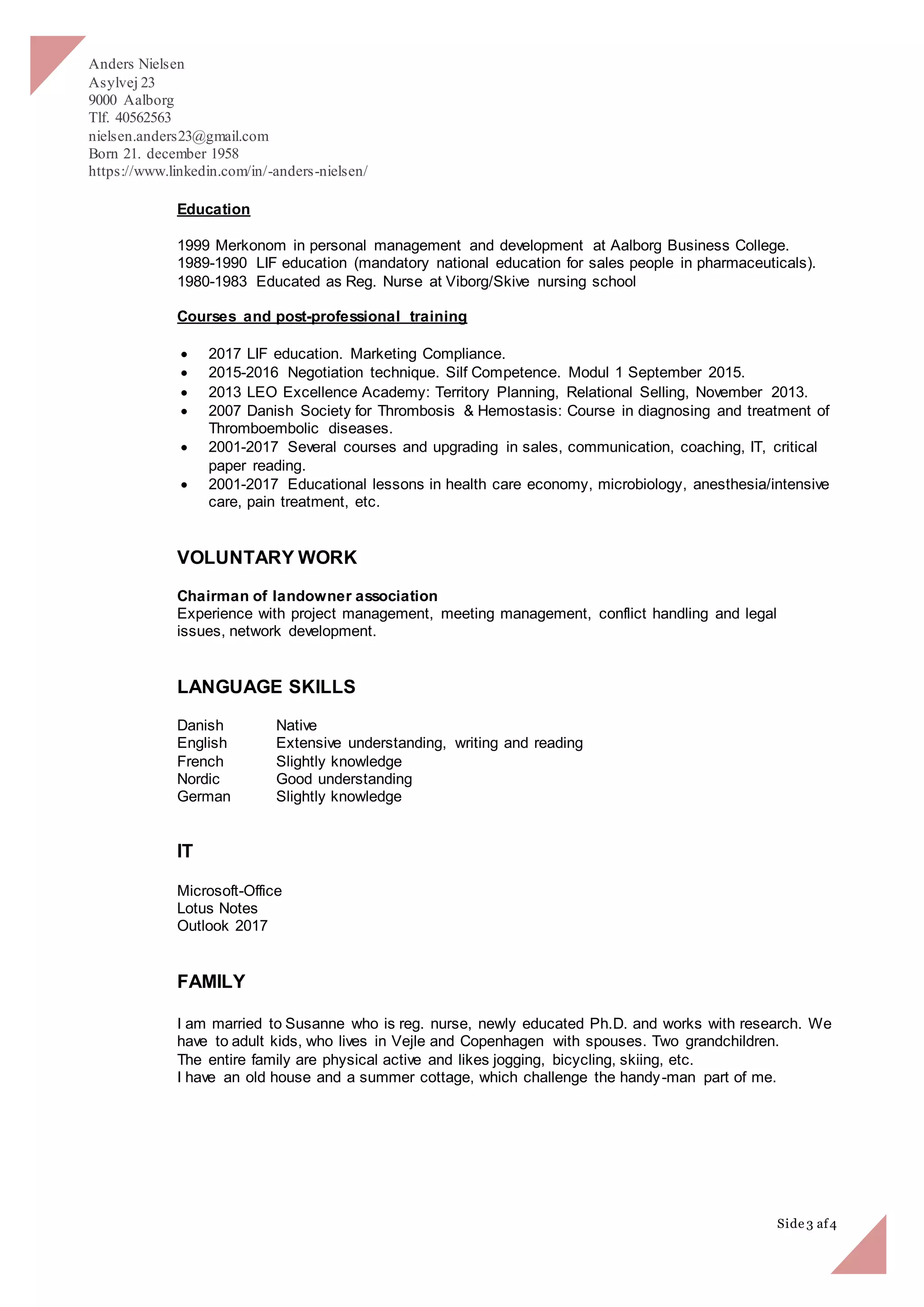 Cv anders nielsen, 2017, english | DOCX | Healthcare Industry | Industries