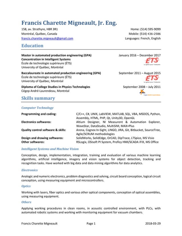 CV - April 2018 (english) - Francis Charette Migneault | PDF