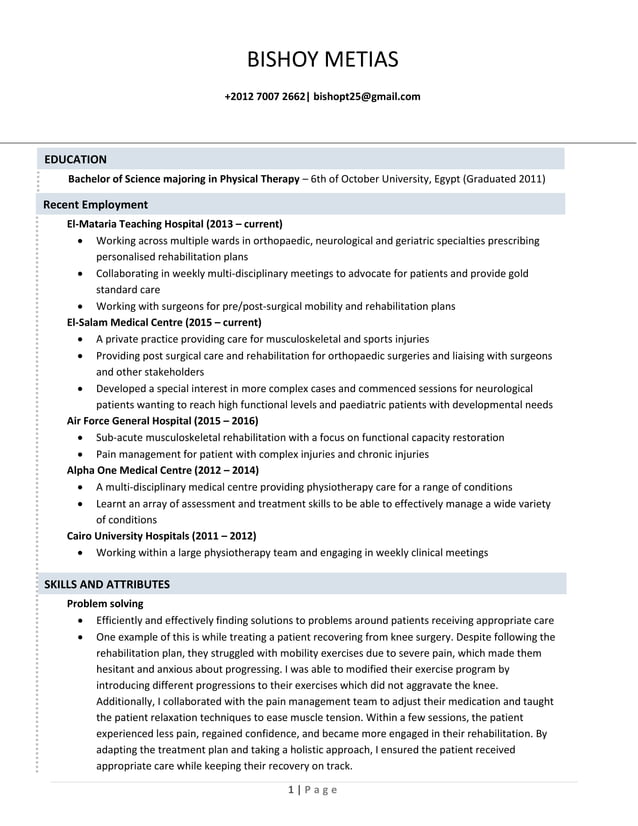 Ph.CV - Bishoy Metias.pdf physiotherapist | PDF