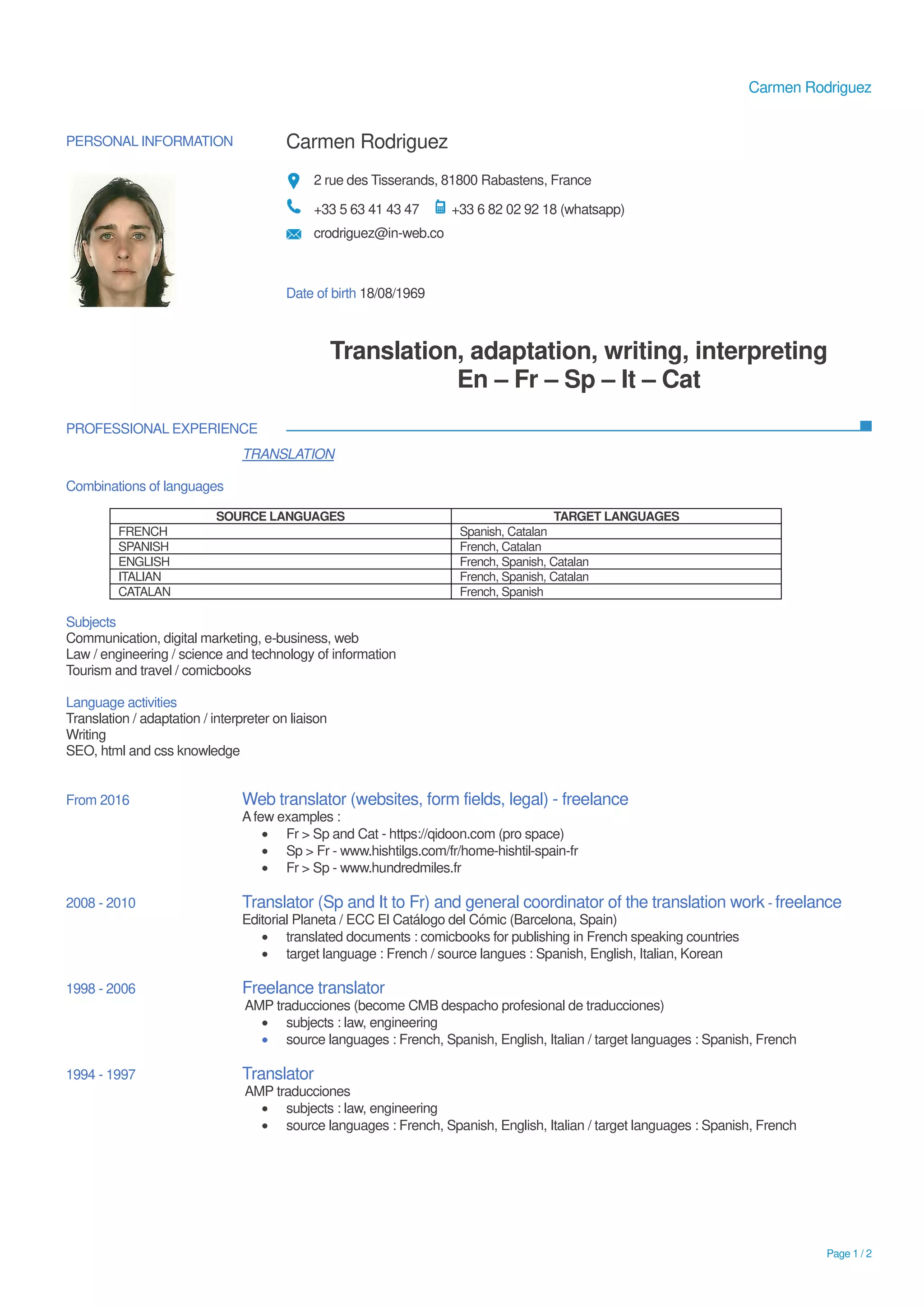CV Carmen Rodriguez, traductrice / traductora / translator / traduttrice | PDF