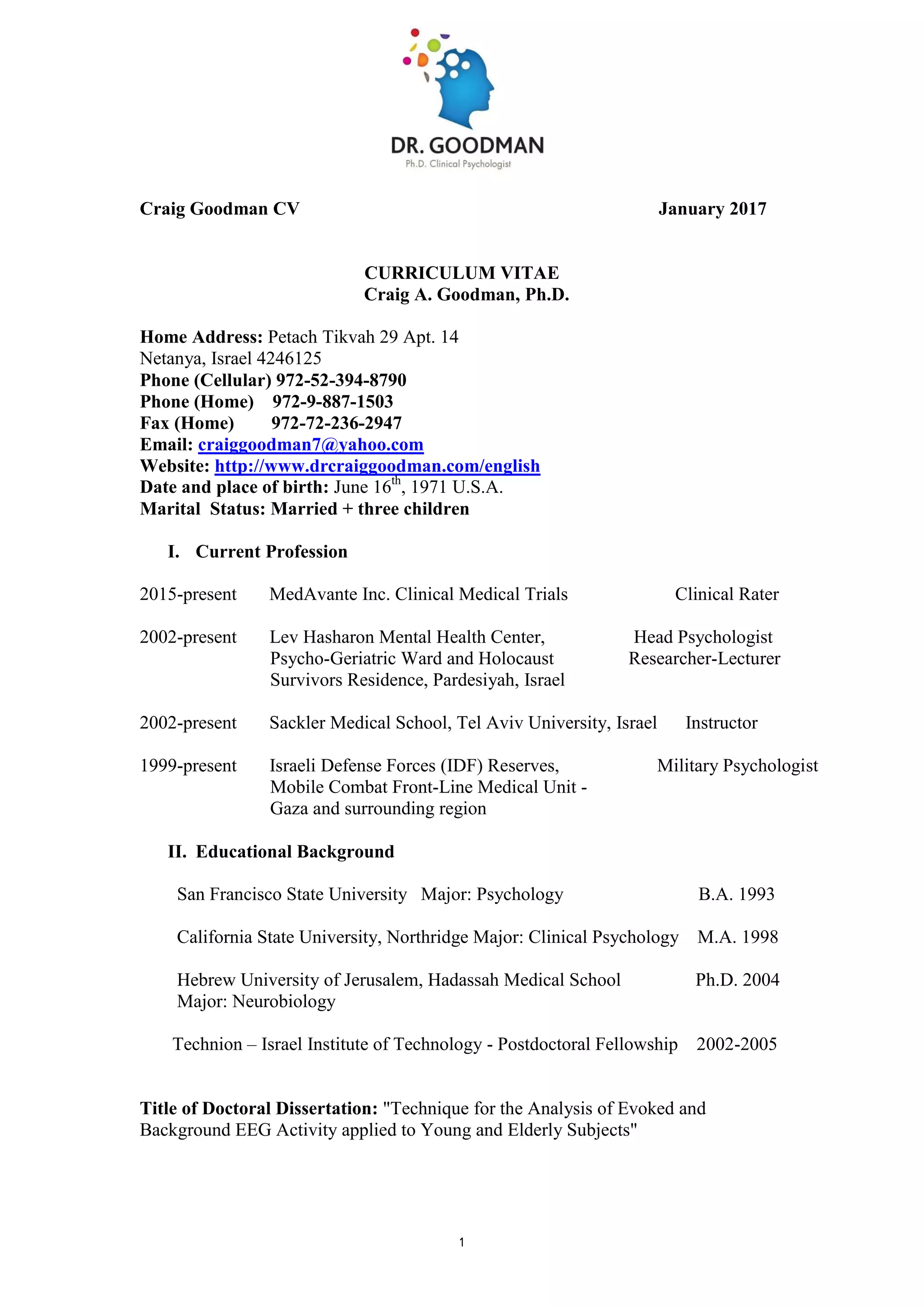 Cv craig goodman january 2017 | PDF