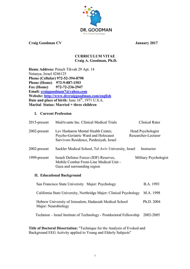 Cv craig goodman january 2017 | PDF | Judaism | Religion & Spirituality