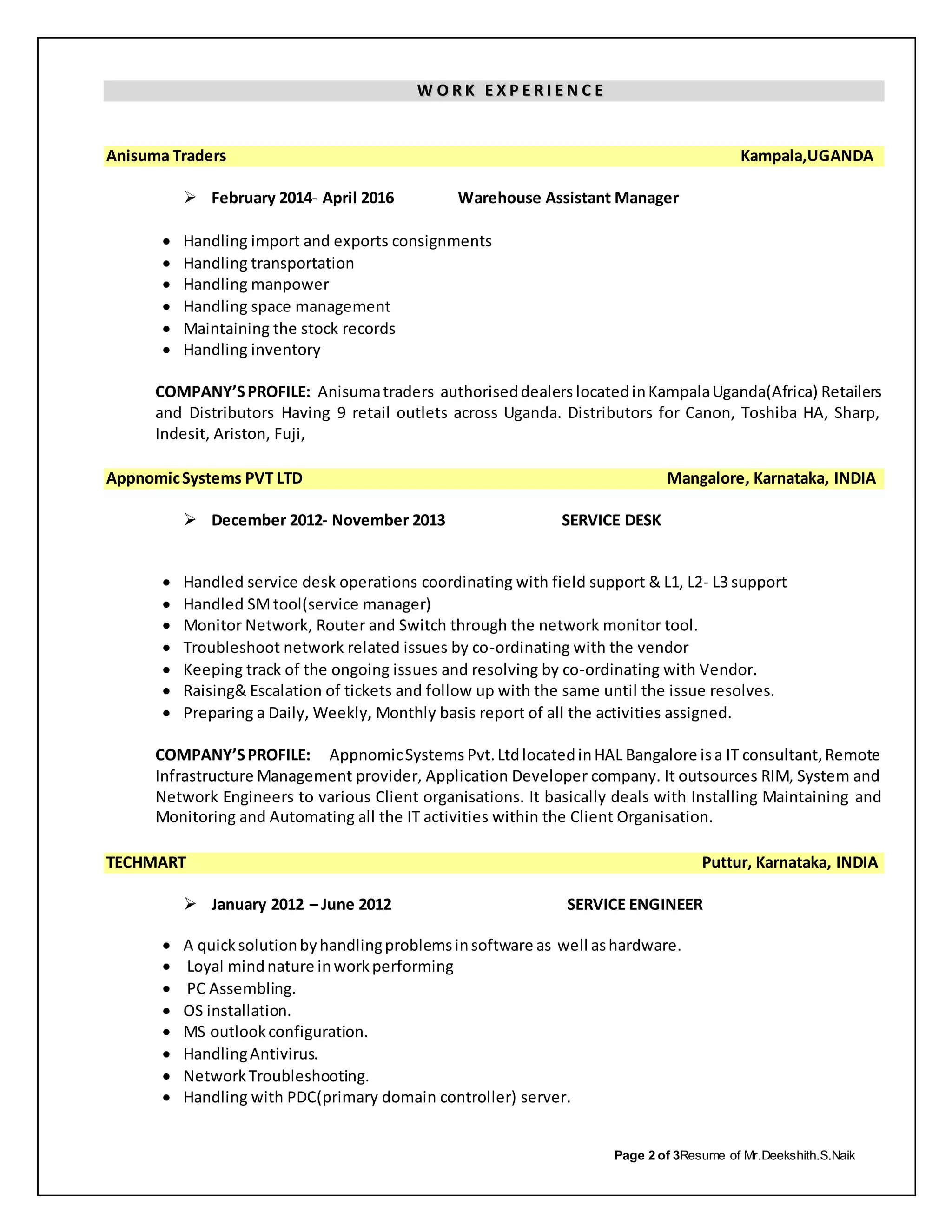 Cv deekshith | DOCX | IT and Internet Support | Internet