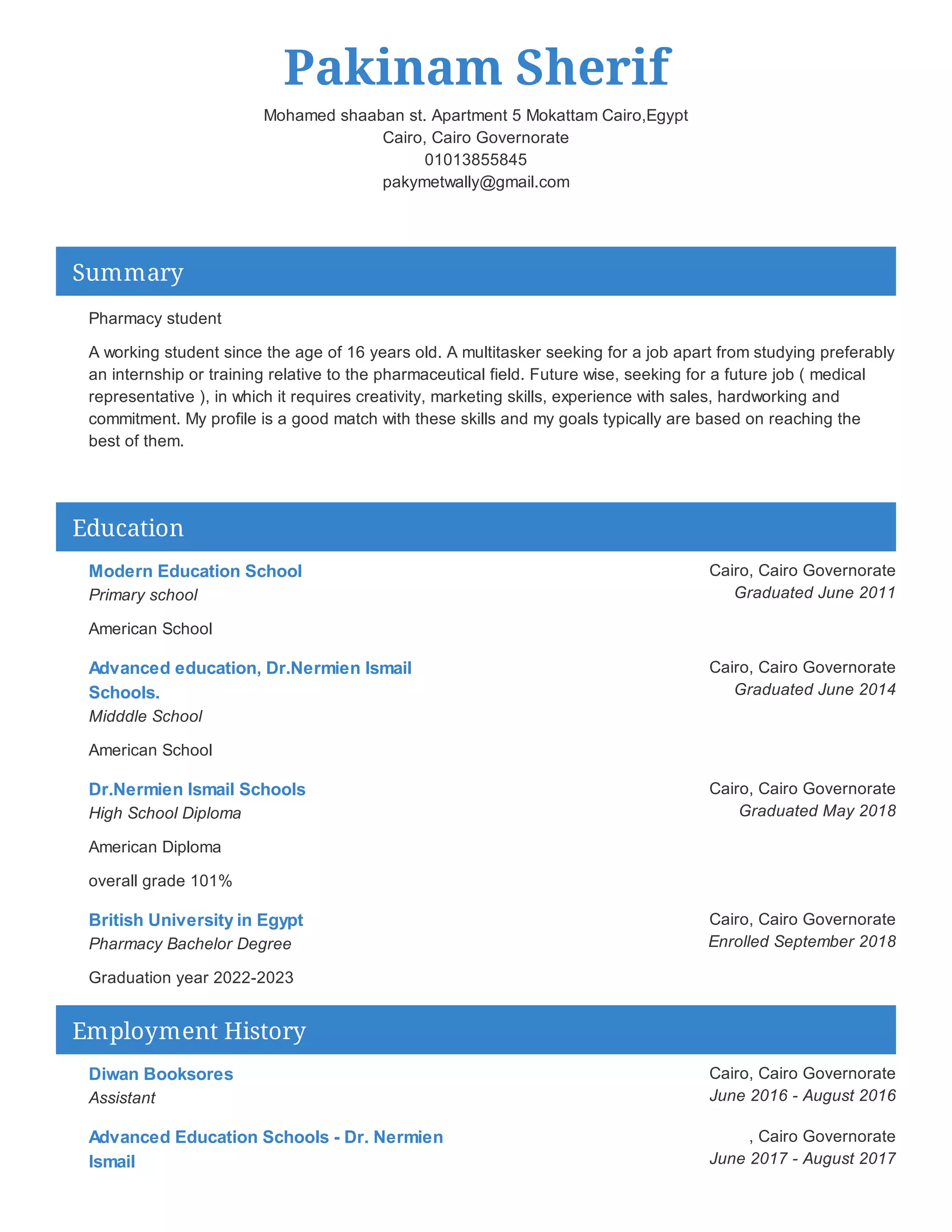 Cv pakinam sherif | PDF