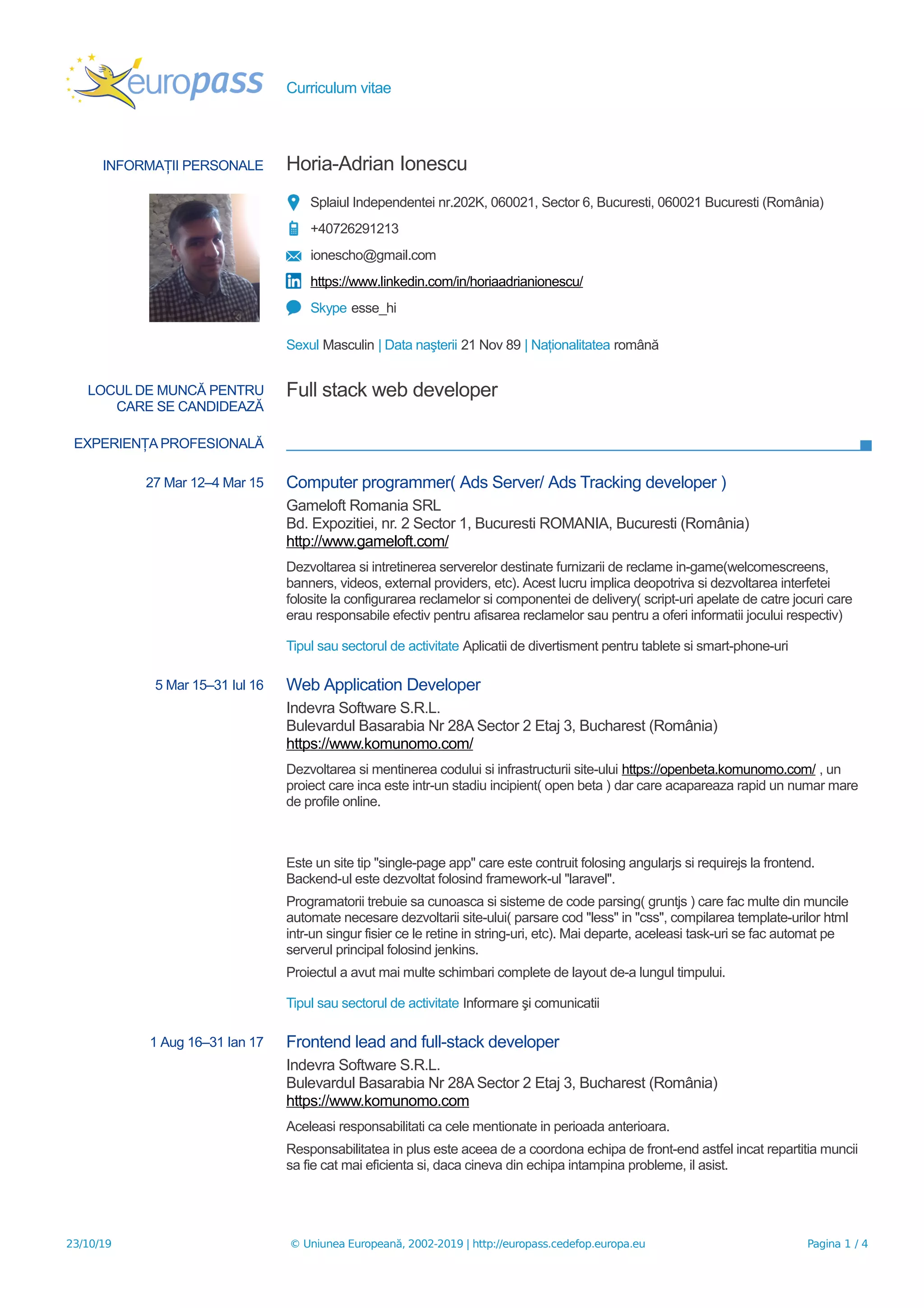 Cv Esp Europass 20191023 Ionescu Ro Pdf