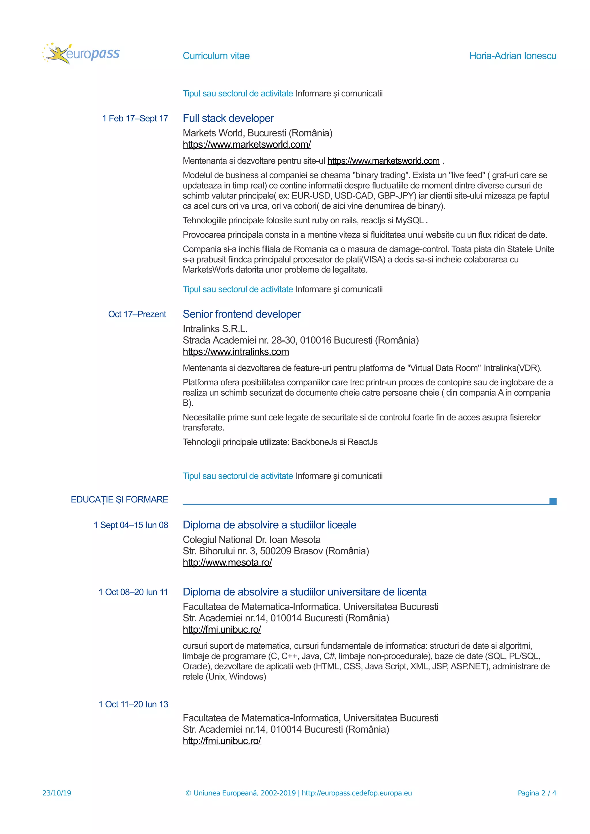 Cv Esp Europass 20191023 Ionescu Ro Pdf