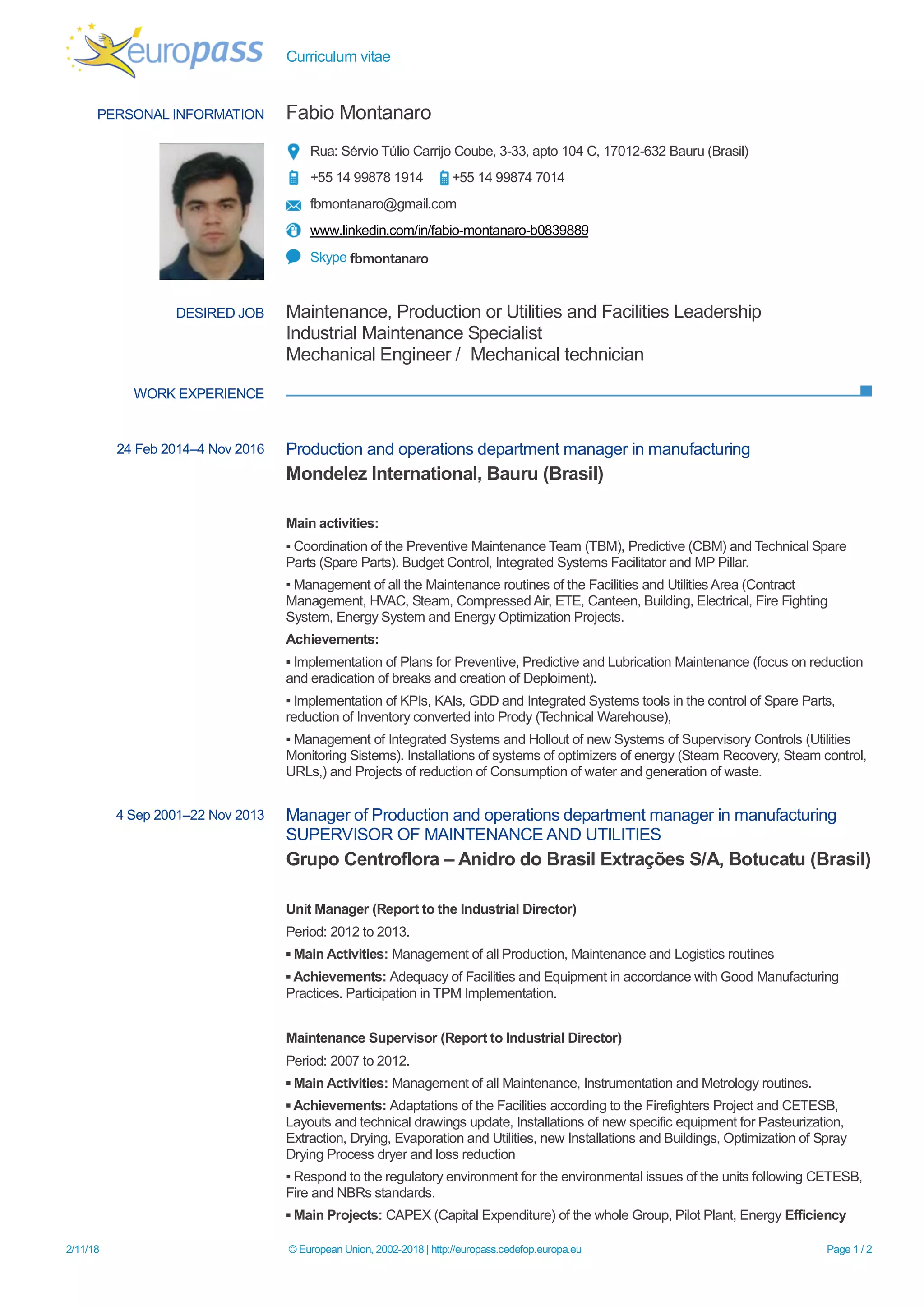 Cv europass-2019-montanaro-eng | PDF | Business | Business and Finance