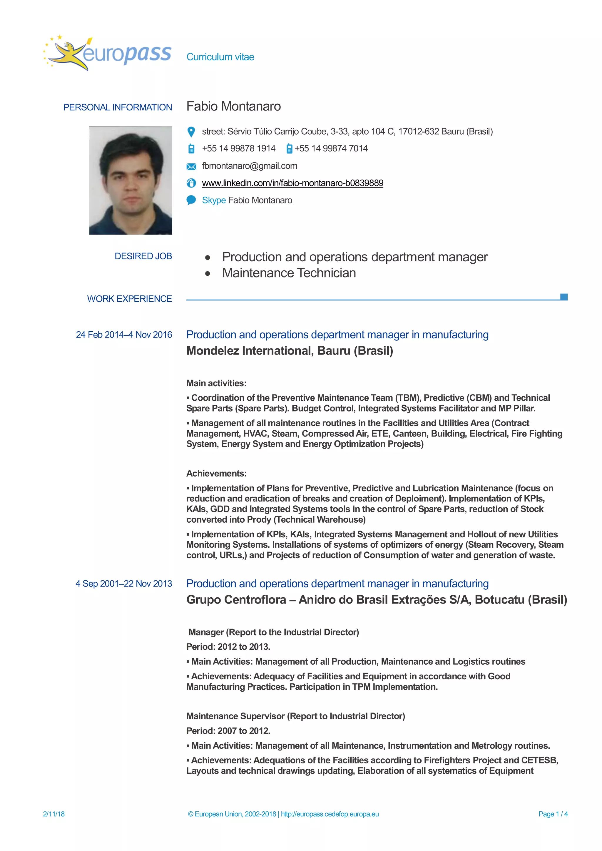 Cv europass-2019-montanaro-english | PDF | Business Administration ...