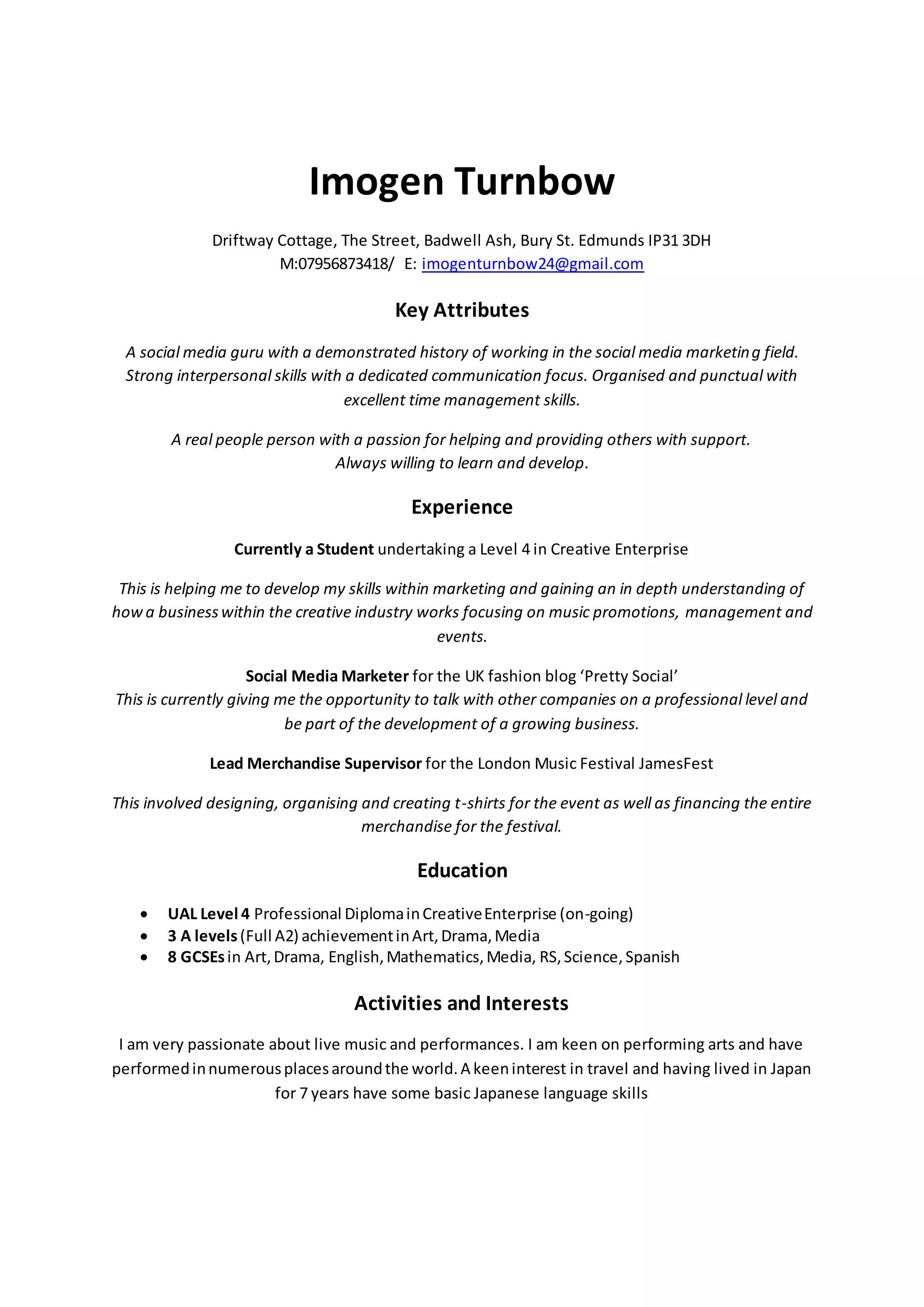 Cv imogen turnbow | DOCX