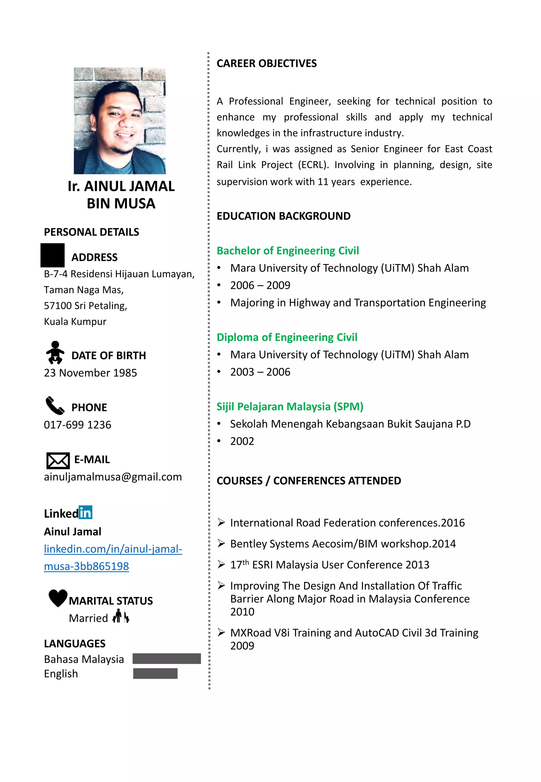 Cv Ir. Ainul Jamal bin Musa - 2020 | PDF
