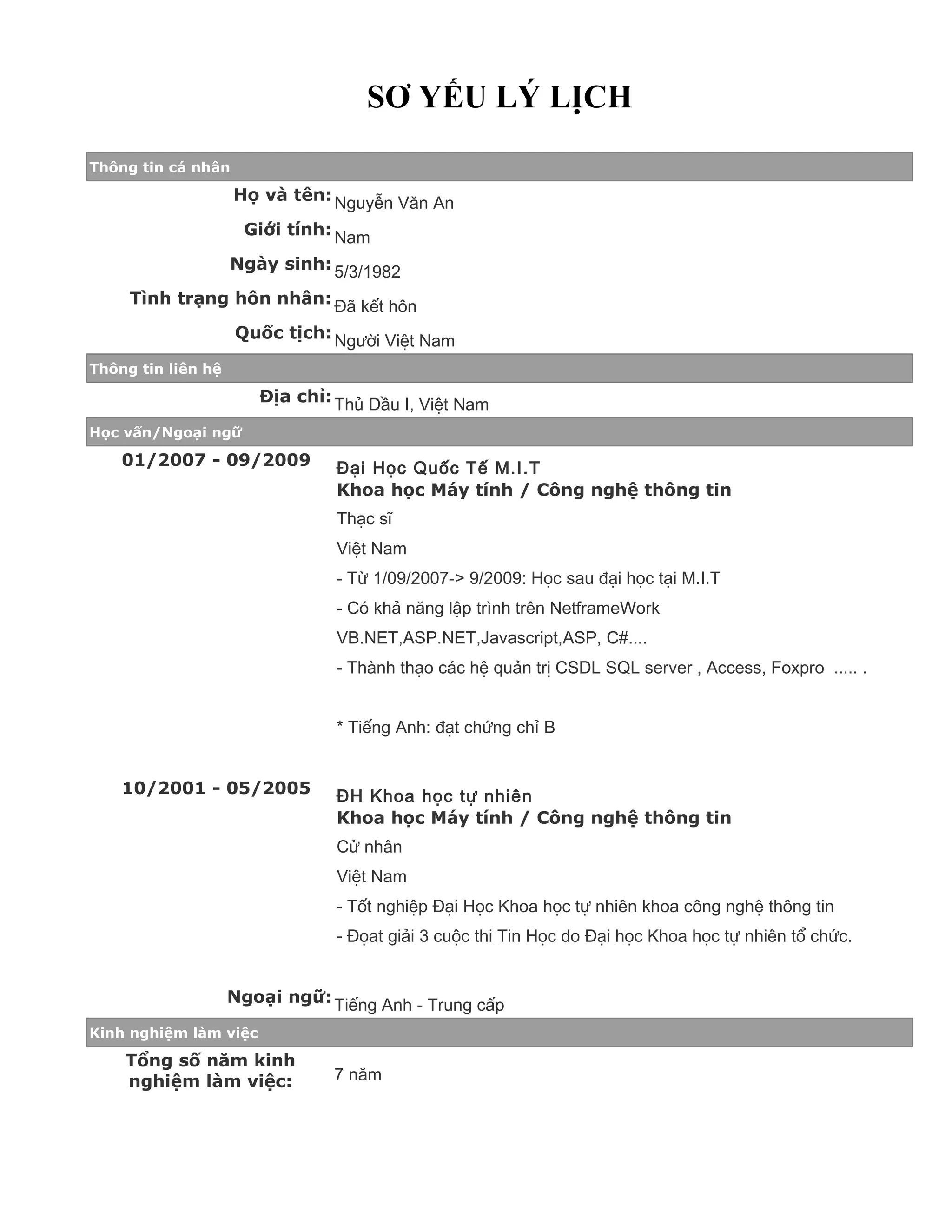 Mẫu đơn xin việc - Cv xin việc - Nhân viên it developer | DOC