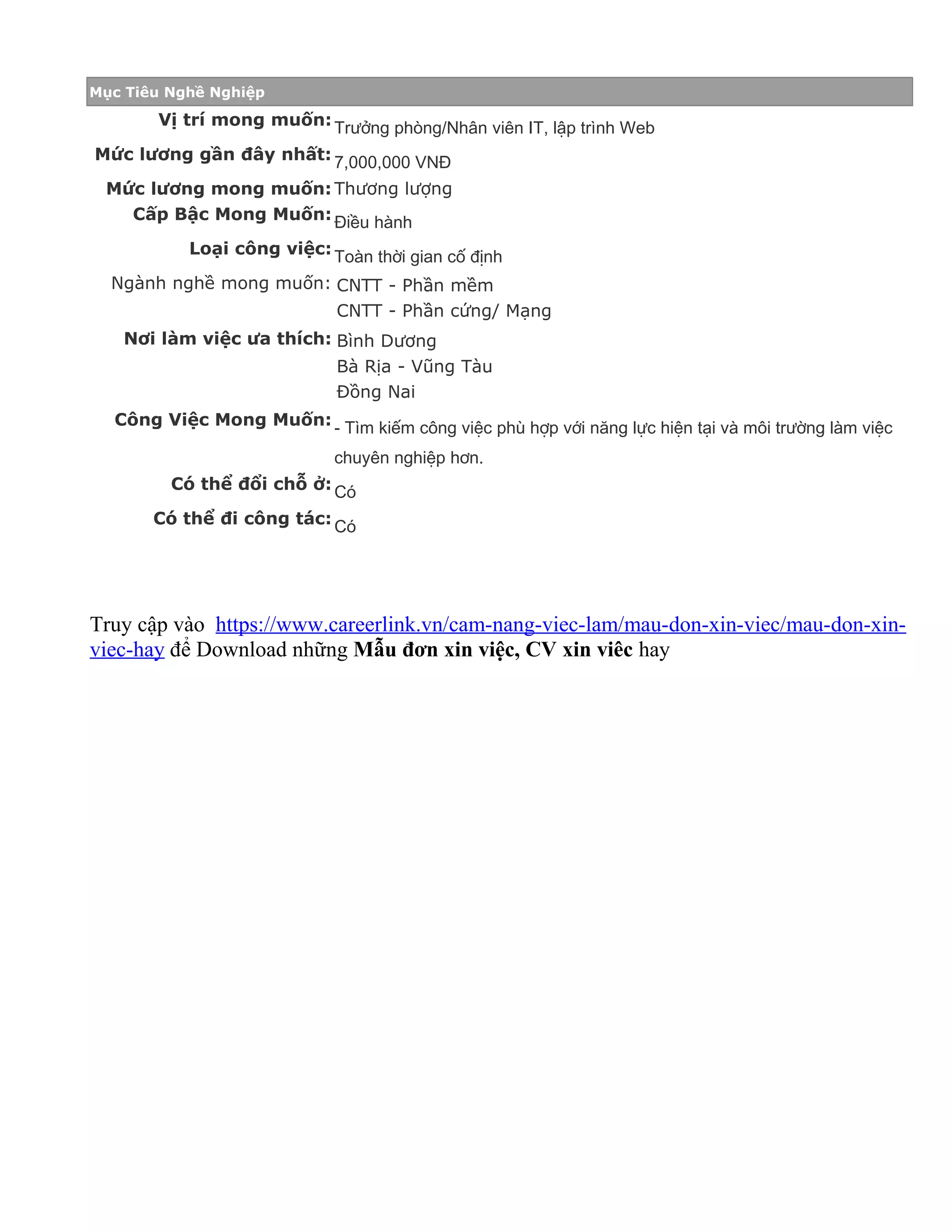 Mẫu đơn xin việc - Cv xin việc - Nhân viên it developer | DOC