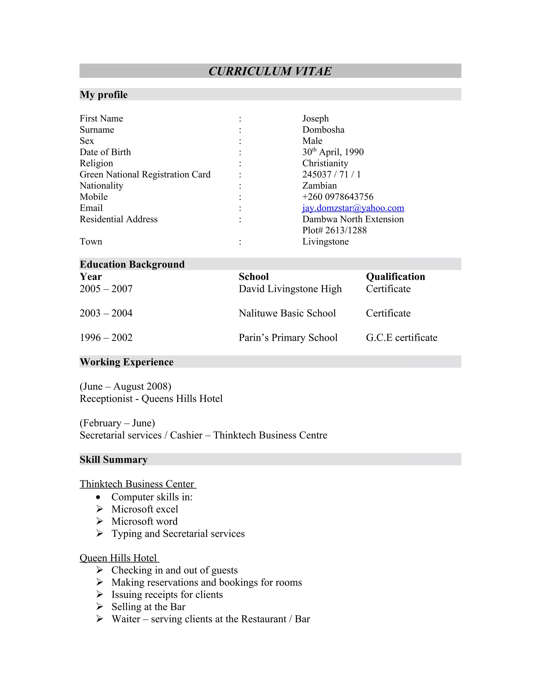 Cv - JOSEPH DOMBOSHA | PDF