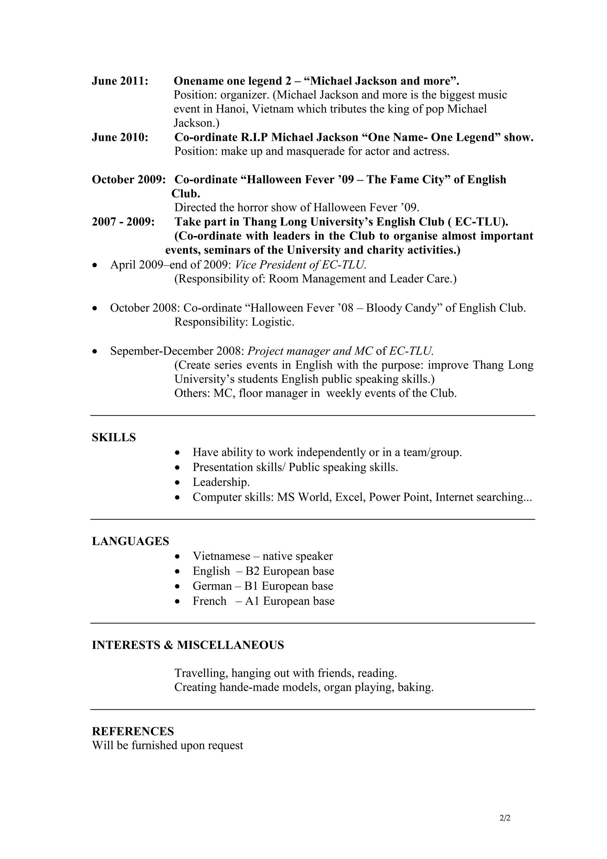 CV Le Thi Hong Nhung as of Jan 2013 - online | PDF | World/International Music | Music