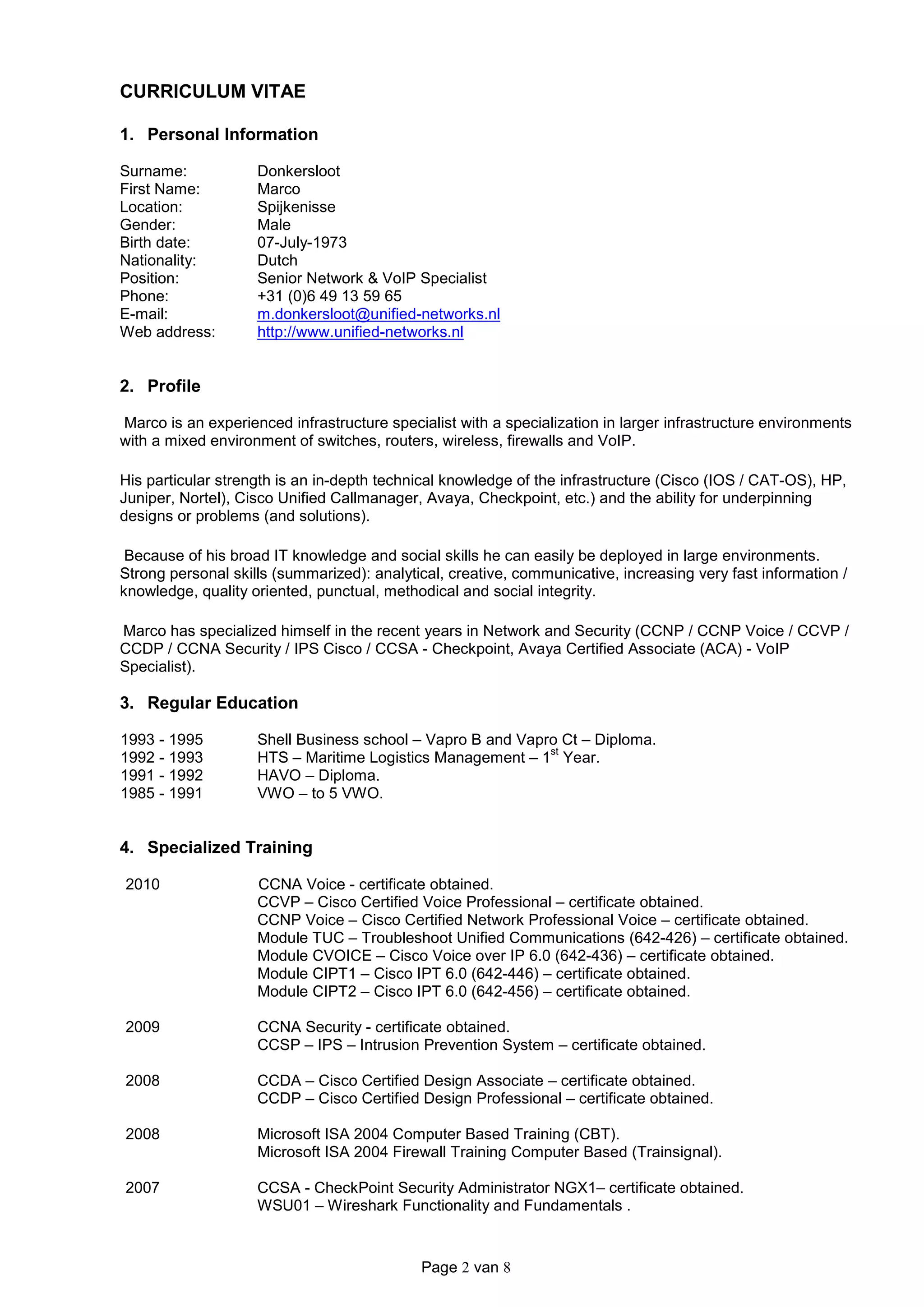 CV - Marco Donkersloot - September 2011 (english) | PDF