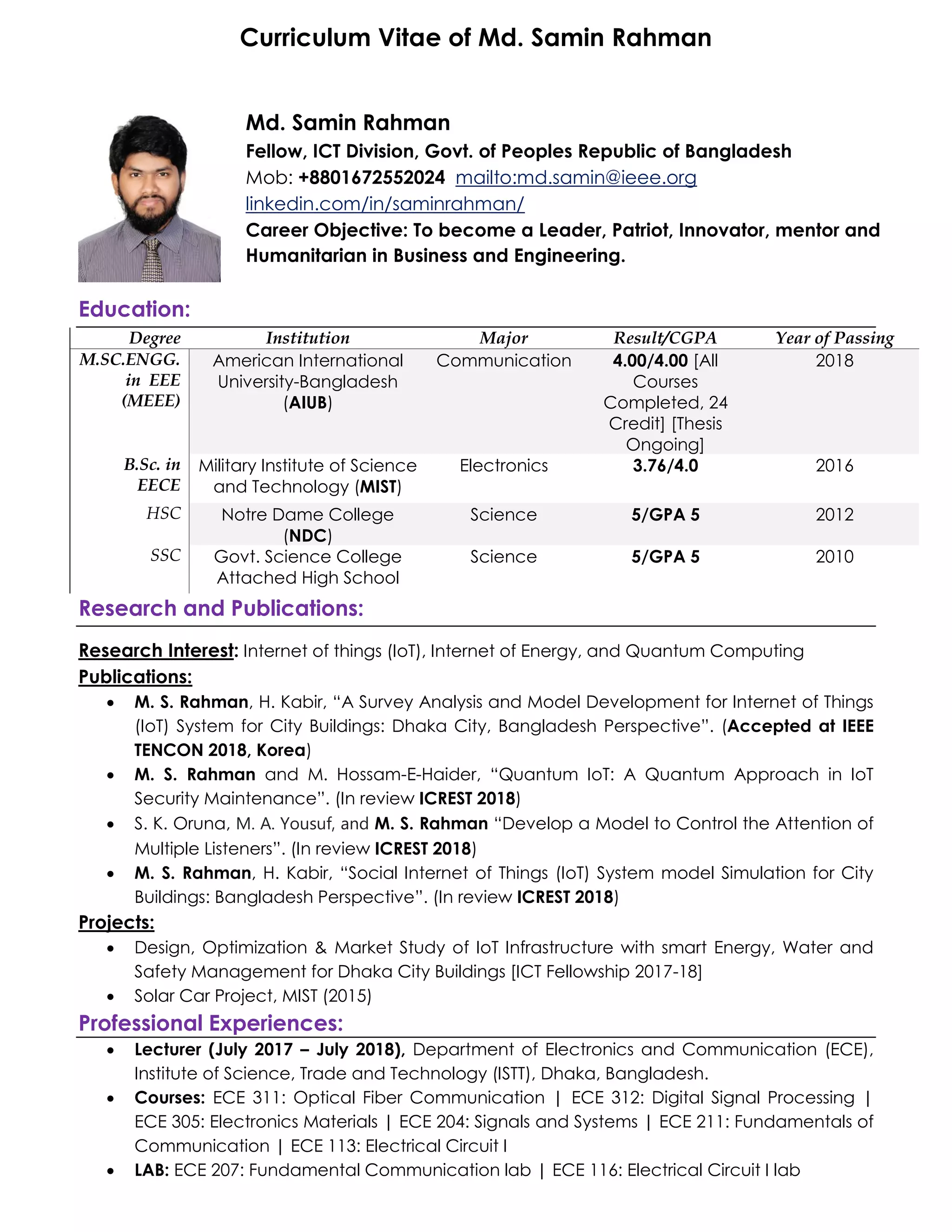 CV_Md Samin Rahman_MIST_EECE_2016 | PDF
