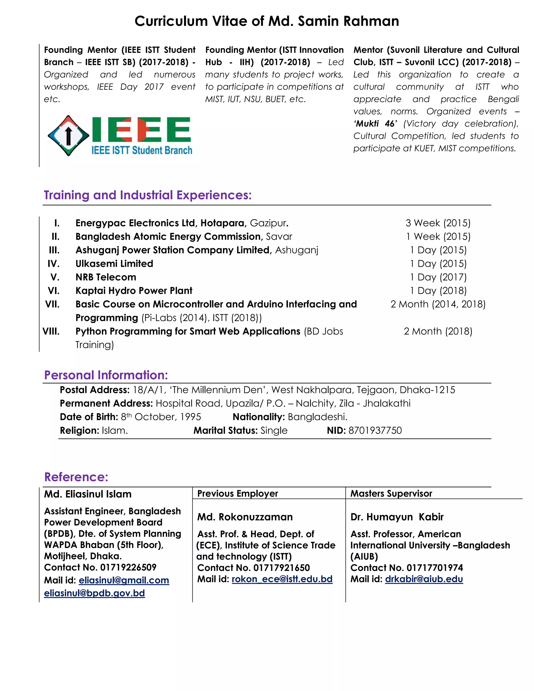 CV_Md Samin Rahman_MIST_EECE_2016 | PDF