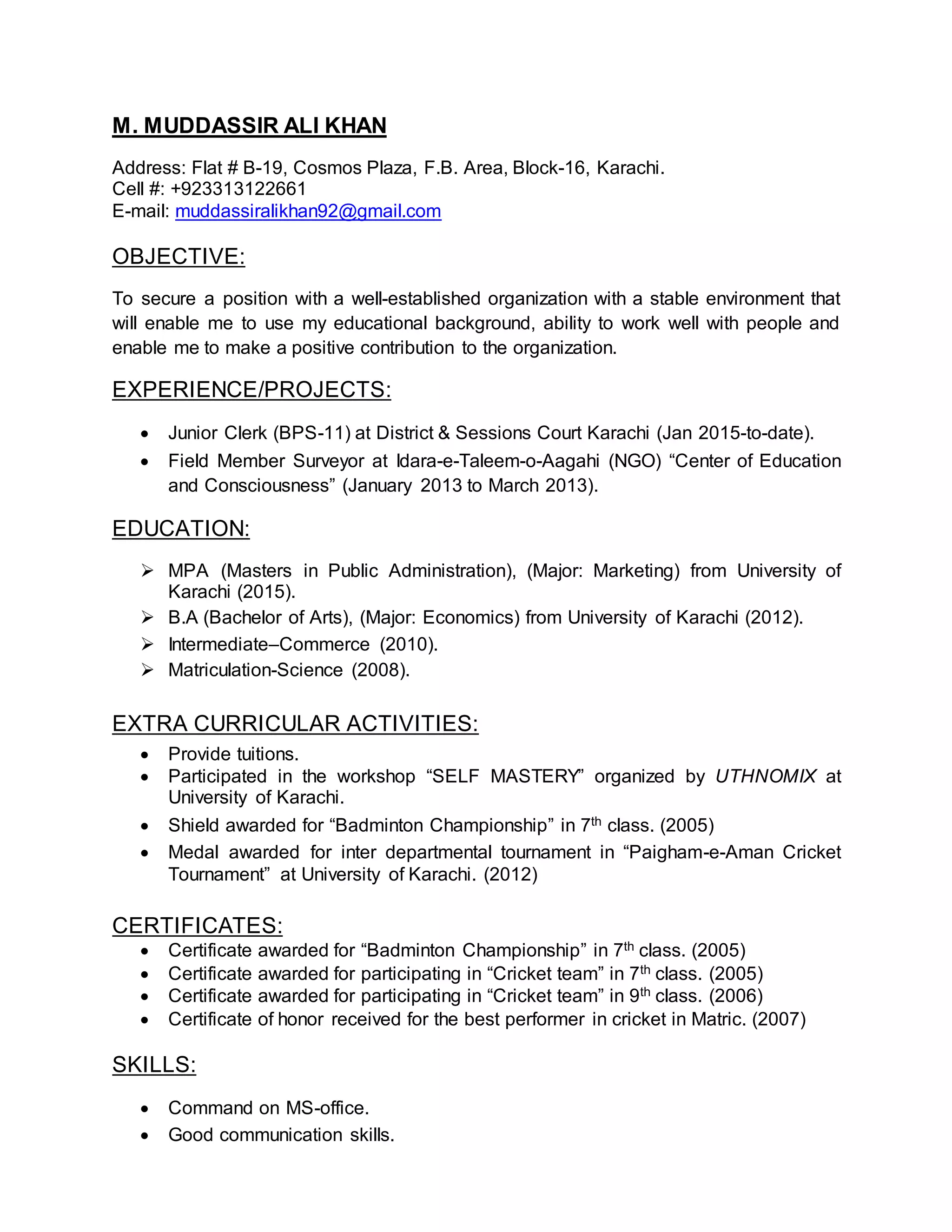 Cv muddassir ali khan | DOCX | Badminton | Sports