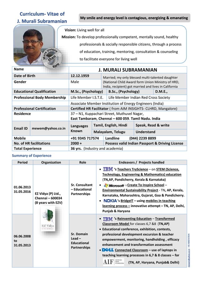 Curriculum Vitae of Murali Subramanian | PDF | Professional School | Postgraduate Education