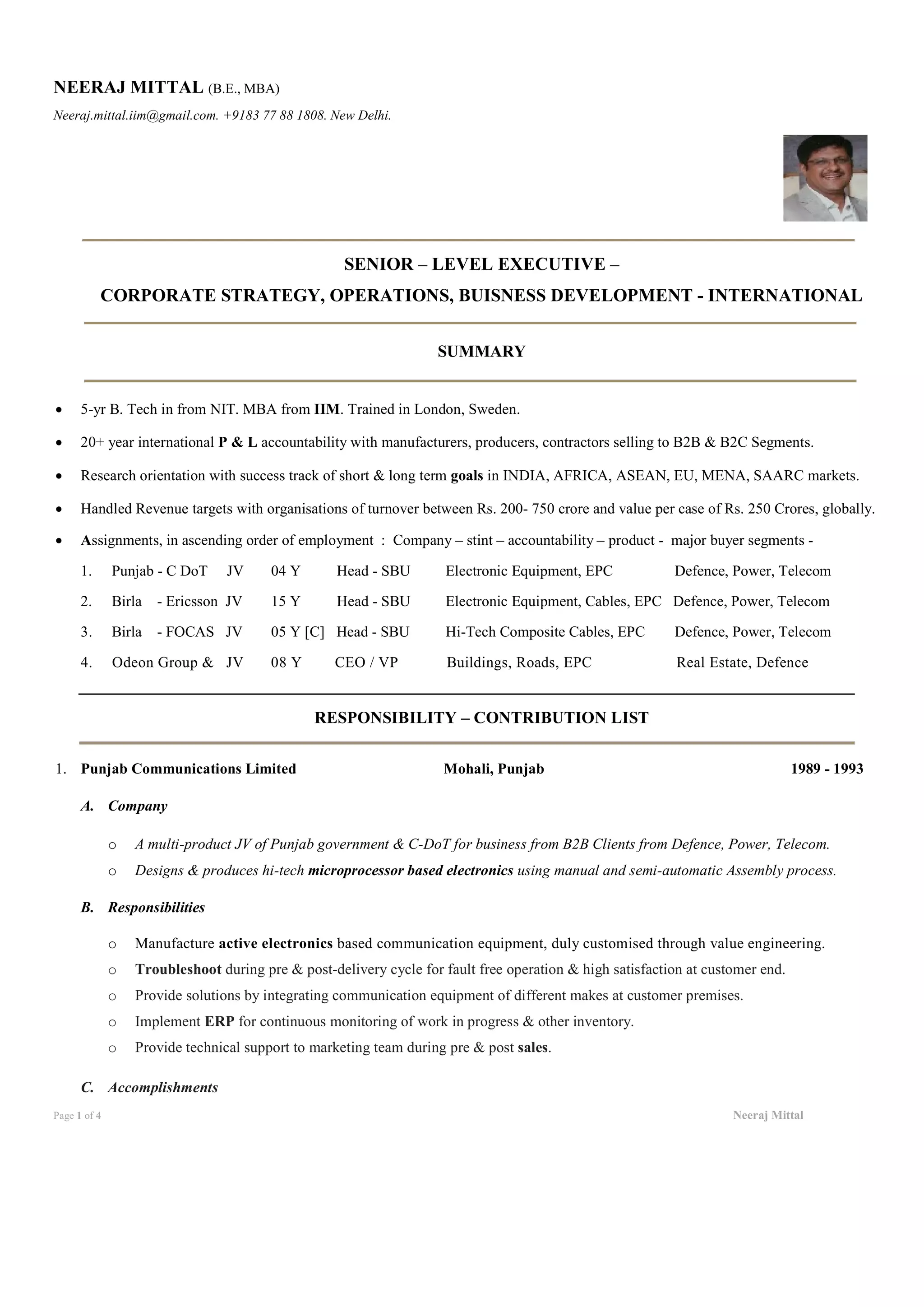 Cv neeraj mittal-nit-iim-operations-business development-international | PDF | Manufacturing ...