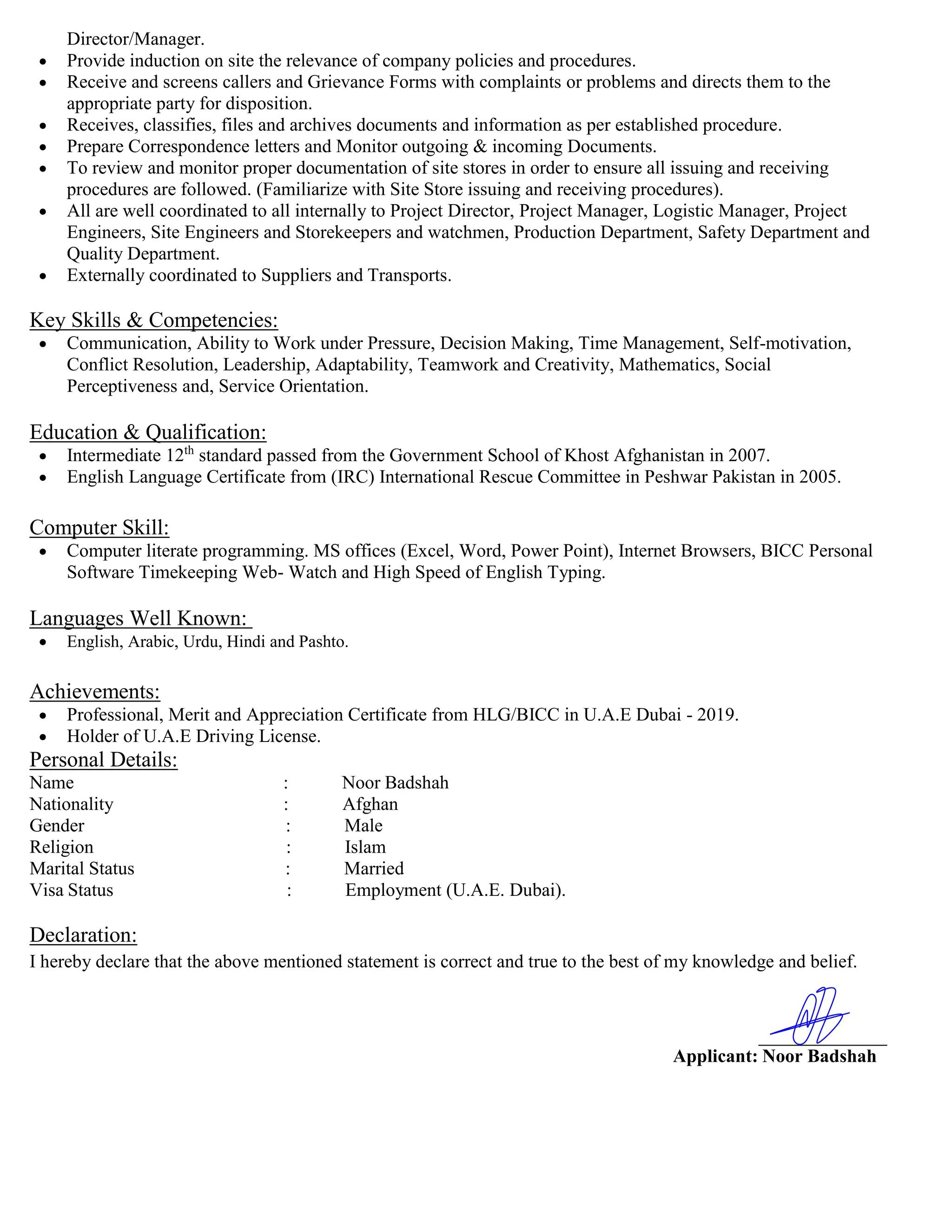 CV - Noor Badshah - Timekeeper / Time Keeper / Payroll & Timesheet ...
