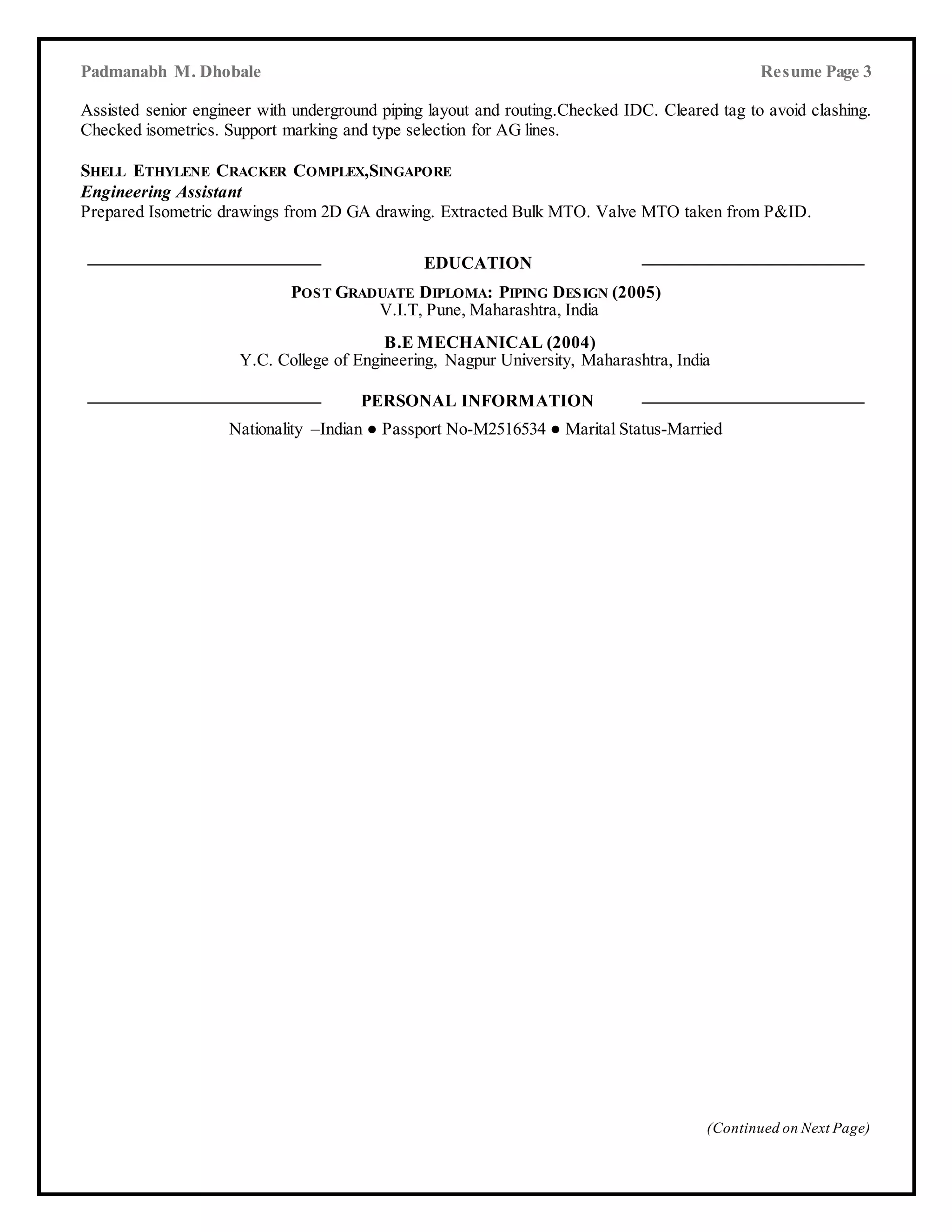 Cv Piping Engineer | DOCX