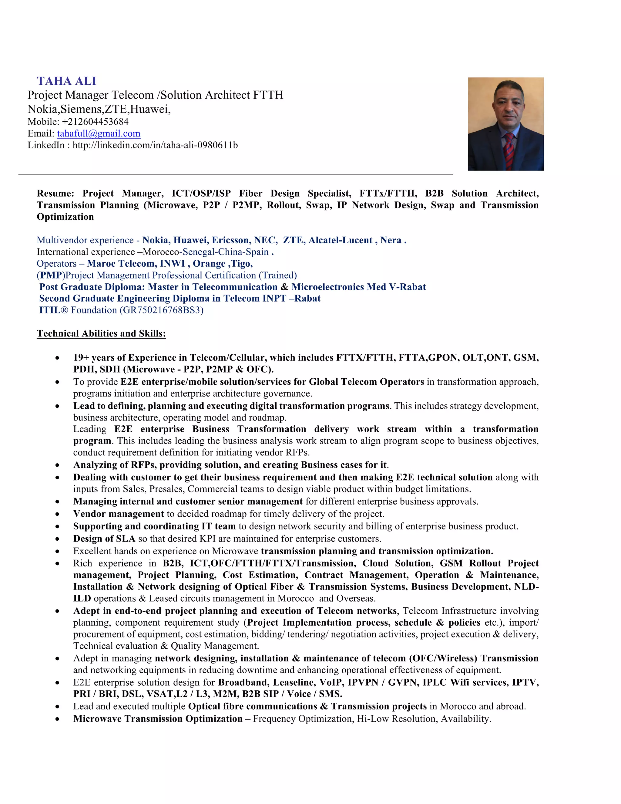 Cv Project manager & solution architect ftth | PDF