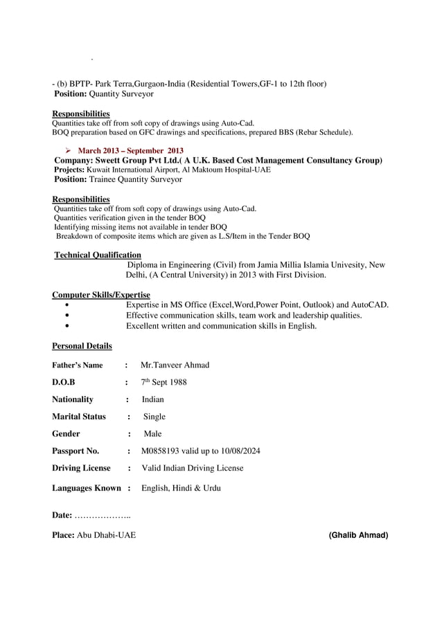Cv quantity surveyor-ghalib ahmad | PDF