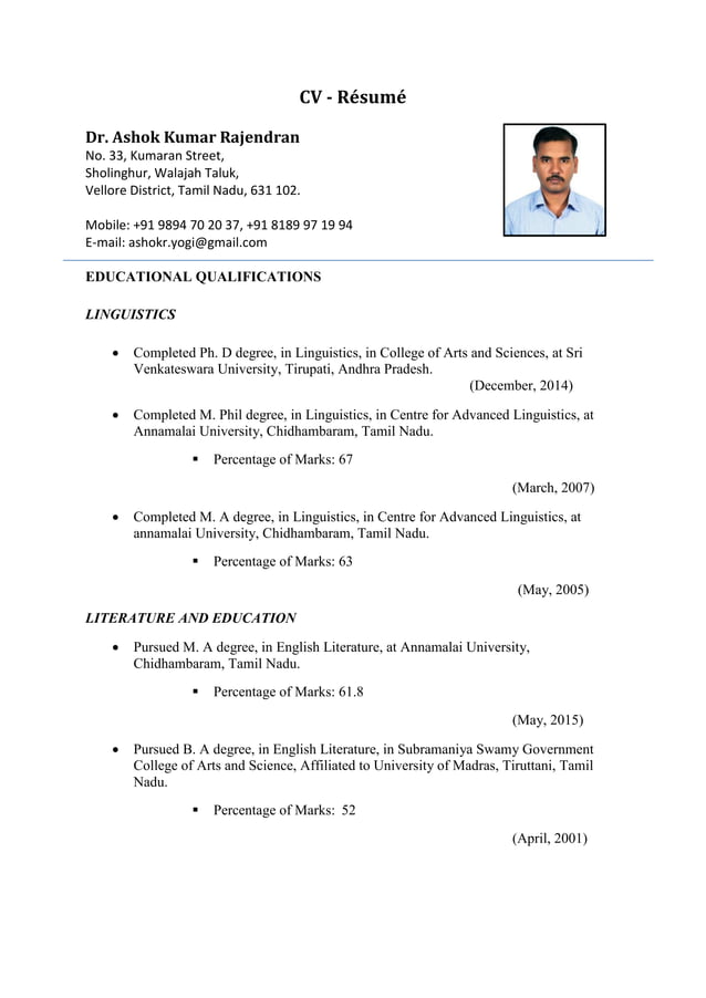 CV - Resume of Ashok Kumar Rajendran | PDF