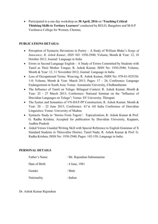 CV - Resume of Ashok Kumar Rajendran | PDF