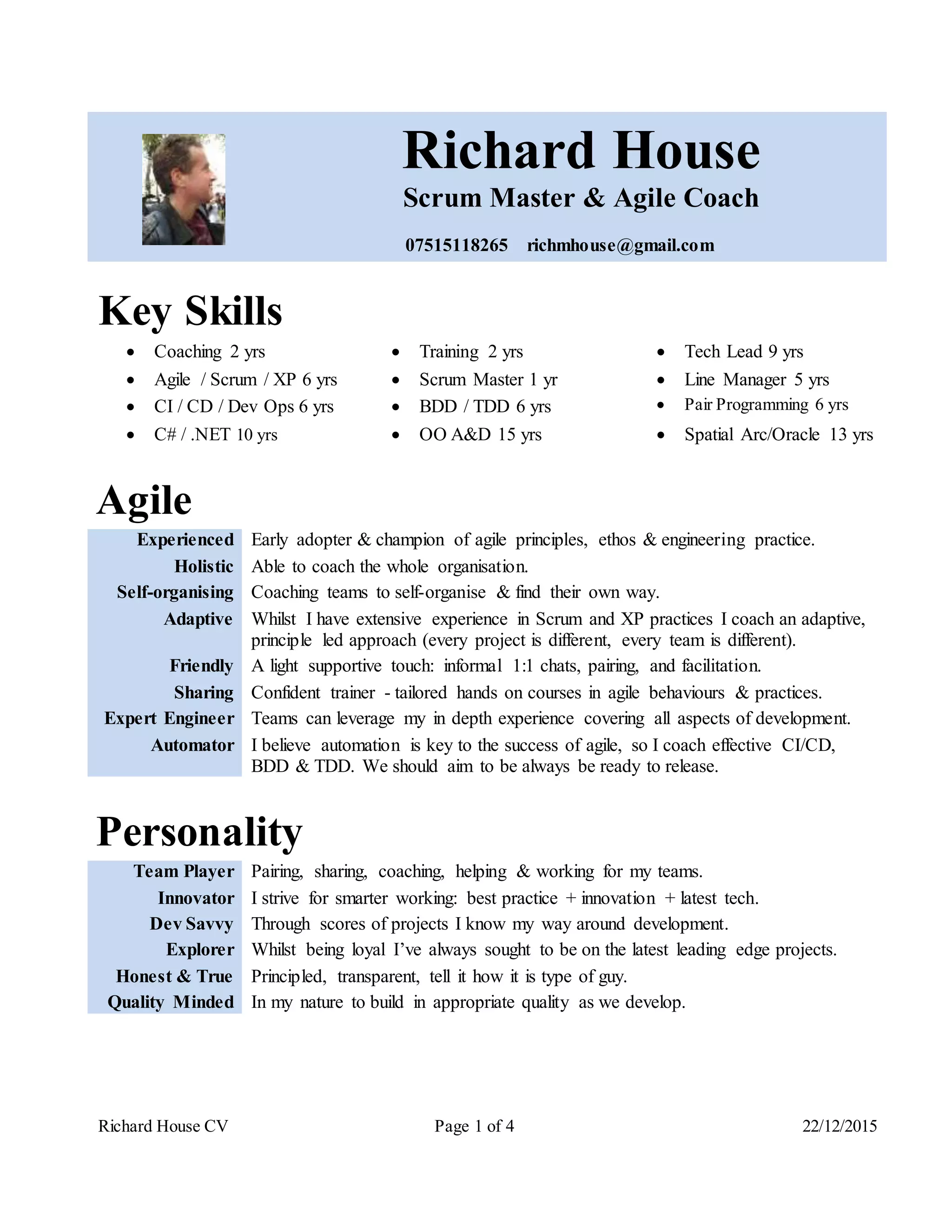 CV Rich House (Scrum master & Agile Coach) | PDF
